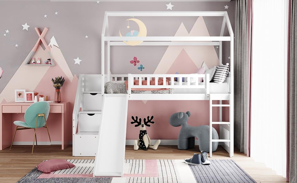 HABUHOME Twin Loft Bed with Stairway and Slide, House Bed with Two Drawers and Ladder, White