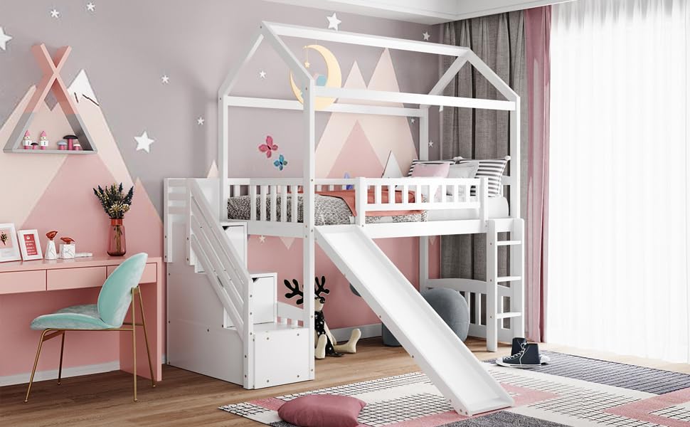 HABUHOME Twin Loft Bed with Stairway and Slide, House Bed with Two Drawers and Ladder, White