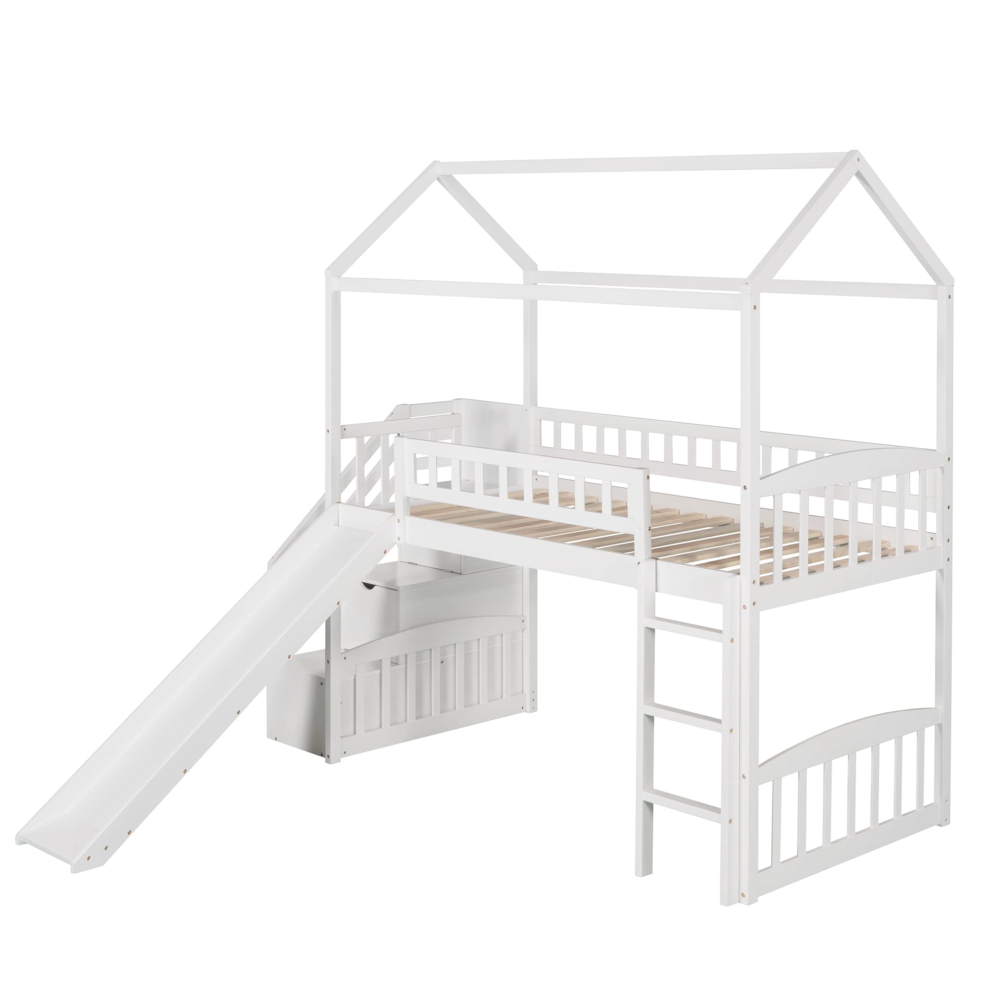 HABUHOME Twin Loft Bed with Stairway and Slide, House Bed with Two Drawers and Ladder, White