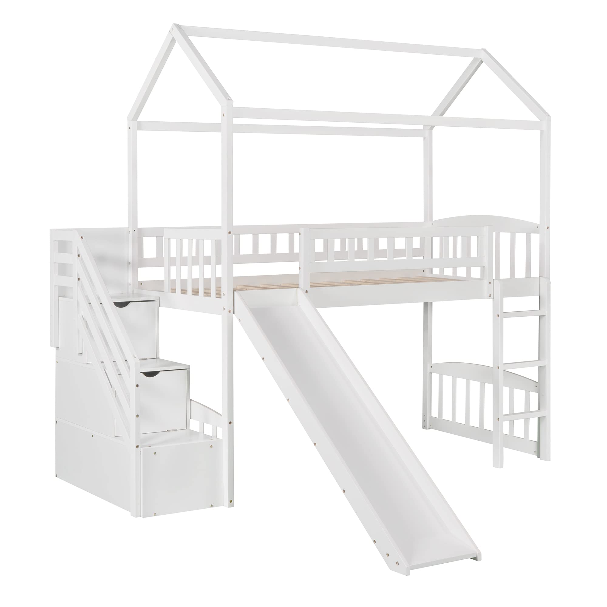 HABUHOME Twin Loft Bed with Stairway and Slide, House Bed with Two Drawers and Ladder, White