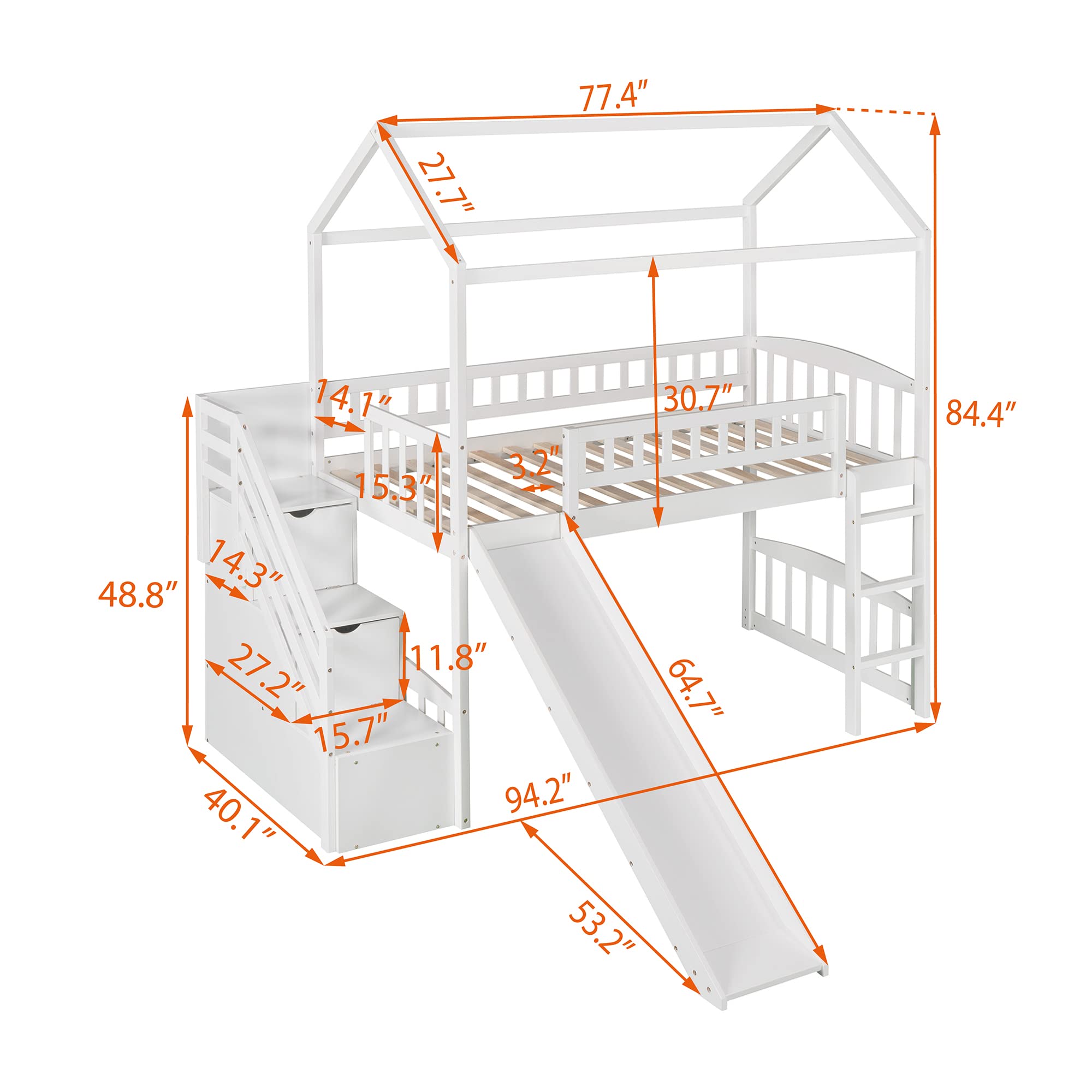 HABUHOME Twin Loft Bed with Stairway and Slide, House Bed with Two Drawers and Ladder, White