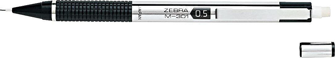 Zebra M-301 Stainless Steel Mechanical Pencil 0.5 mm Point Size, 6 Pack with 15 Bonus Erasers Refills - Standard HB Lead - Professional Black Grip