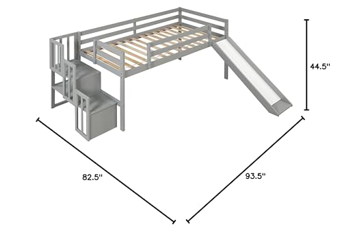 HABUHOME Loft Bed with Staircase, Storage, Slide, Twin Size, Full-Length Safety Guardrails, No Box Spring Needed, Grey