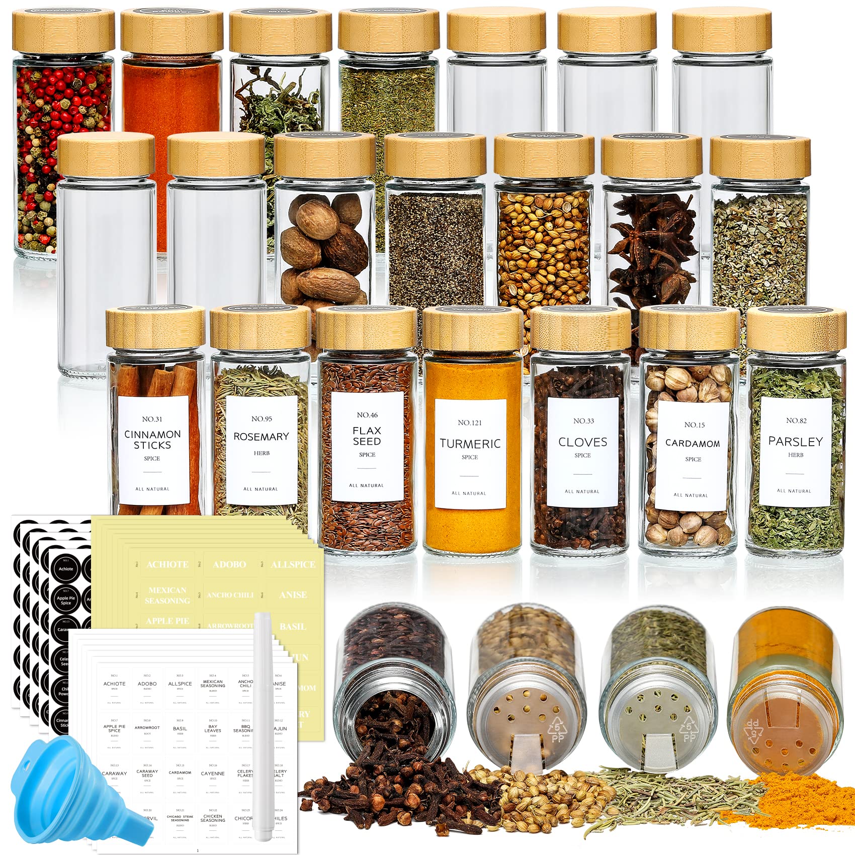 NETANY 24 Pcs Spice Jars with Bamboo Lids - 4 oz Round Glass Spice Jars with Labels , Minimalist Farmhouse Spice Labels Stickers, Collapsible Funnel, Seasoning Bottles for Spice Rack, Cabinet, Drawer