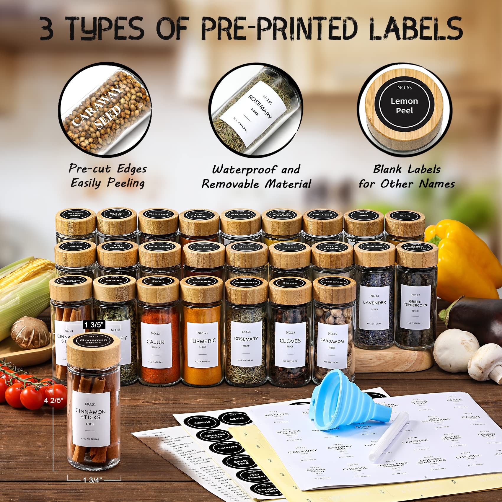 NETANY 24 Pcs Spice Jars with Bamboo Lids - 4 oz Round Glass Spice Jars with Labels , Minimalist Farmhouse Spice Labels Stickers, Collapsible Funnel, Seasoning Bottles for Spice Rack, Cabinet, Drawer