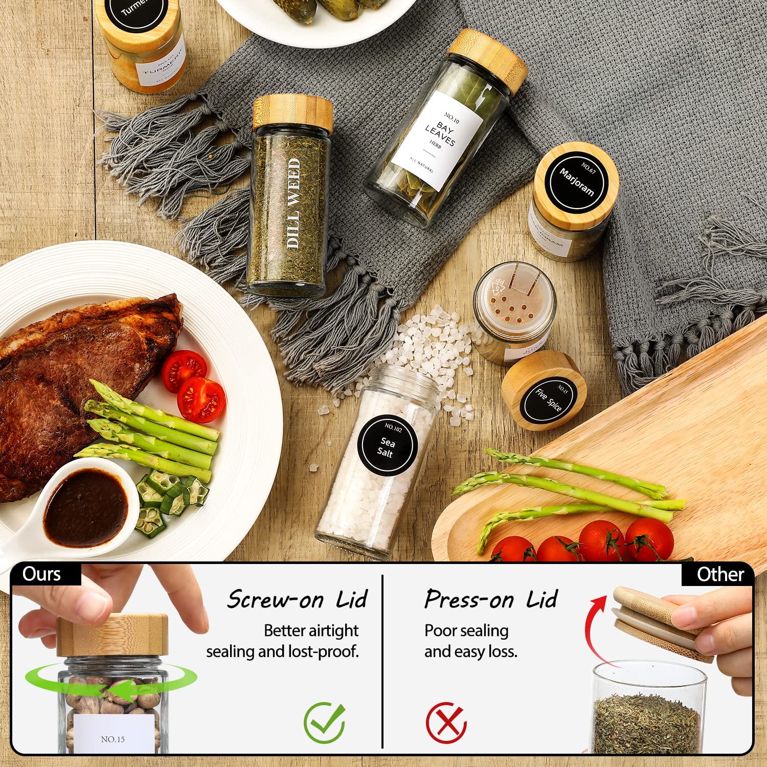 NETANY 24 Pcs Spice Jars with Bamboo Lids - 4 oz Round Glass Spice Jars with Labels , Minimalist Farmhouse Spice Labels Stickers, Collapsible Funnel, Seasoning Bottles for Spice Rack, Cabinet, Drawer