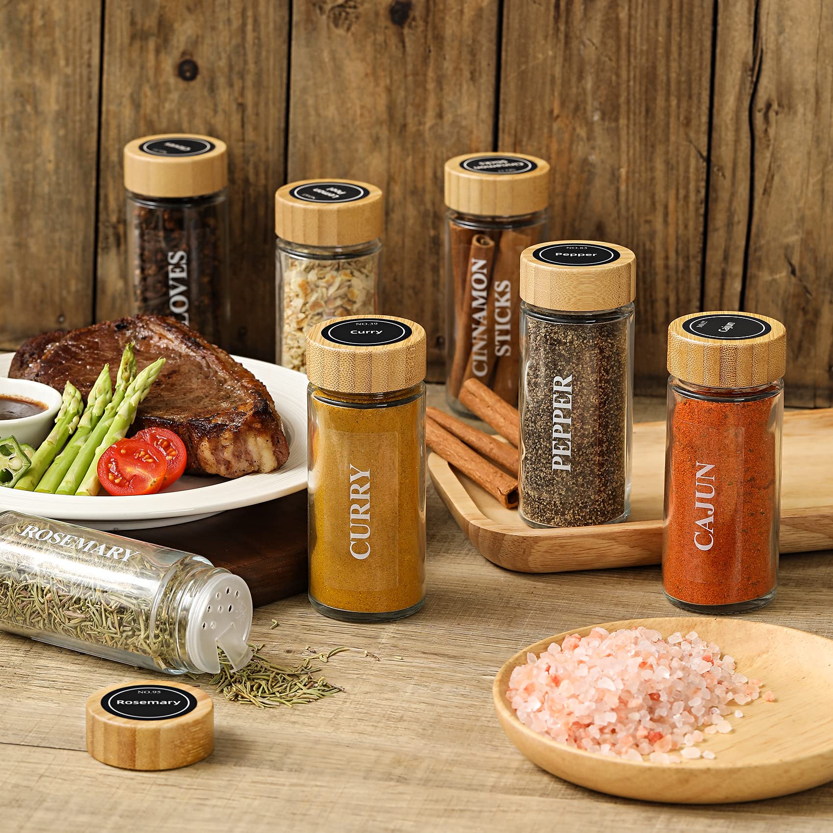 NETANY 24 Pcs Spice Jars with Bamboo Lids - 4 oz Round Glass Spice Jars with Labels , Minimalist Farmhouse Spice Labels Stickers, Collapsible Funnel, Seasoning Bottles for Spice Rack, Cabinet, Drawer