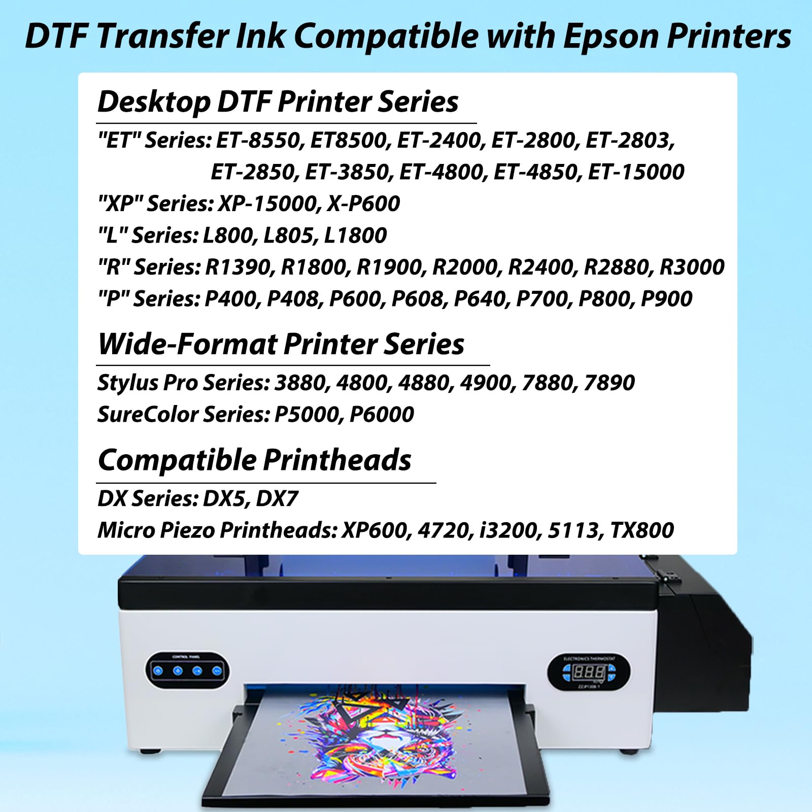 Kminoteh DTF Ink 600ML DTF Transfer Ink for PET Film, Premium Pigment Ink Refill for ET-8550 XP15000 L800 L805 R1800 R2400 Printers, High Fluidity & Coverage (100ML*6, 2W+BKCMY)