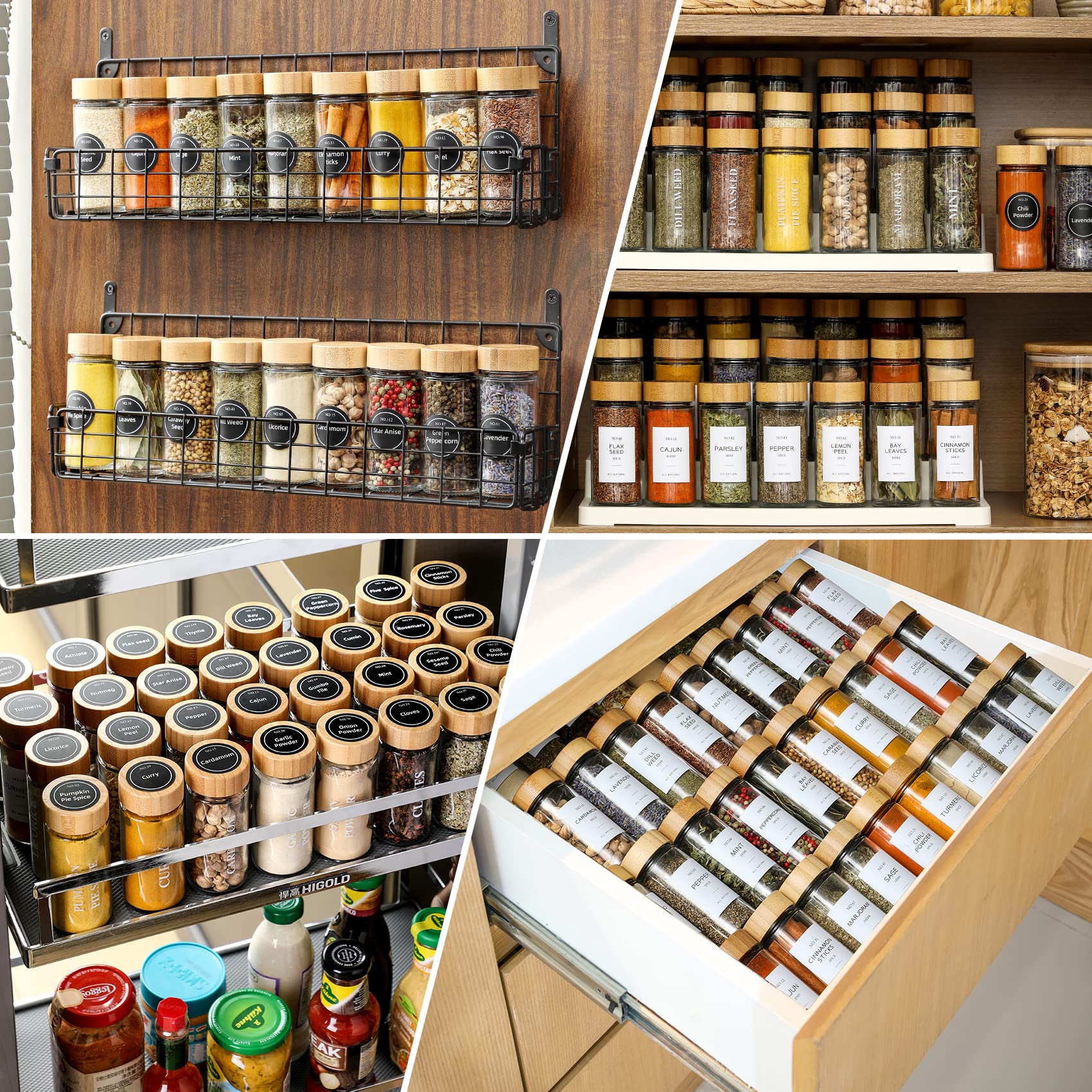 NETANY 24 Pcs Spice Jars with Bamboo Lids - 4 oz Round Glass Spice Jars with Labels , Minimalist Farmhouse Spice Labels Stickers, Collapsible Funnel, Seasoning Bottles for Spice Rack, Cabinet, Drawer