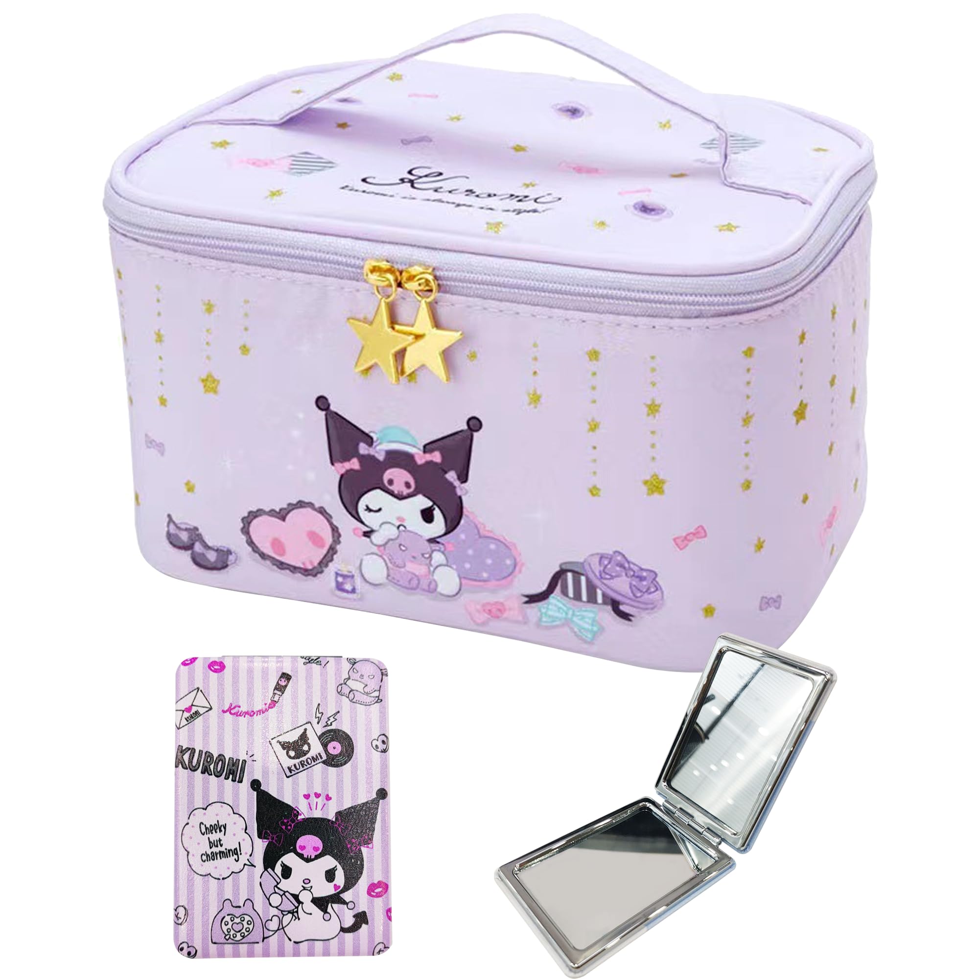 Ku-ro-mi Travel Cosmetic Bag PU Travel Toiletry Bag Makeup Accessories Mirror, Large Capacity Cartoon Cosmetic Pouch Makeup Bag with Zipper, Storage Bags Makeup Pouch for Women Girls