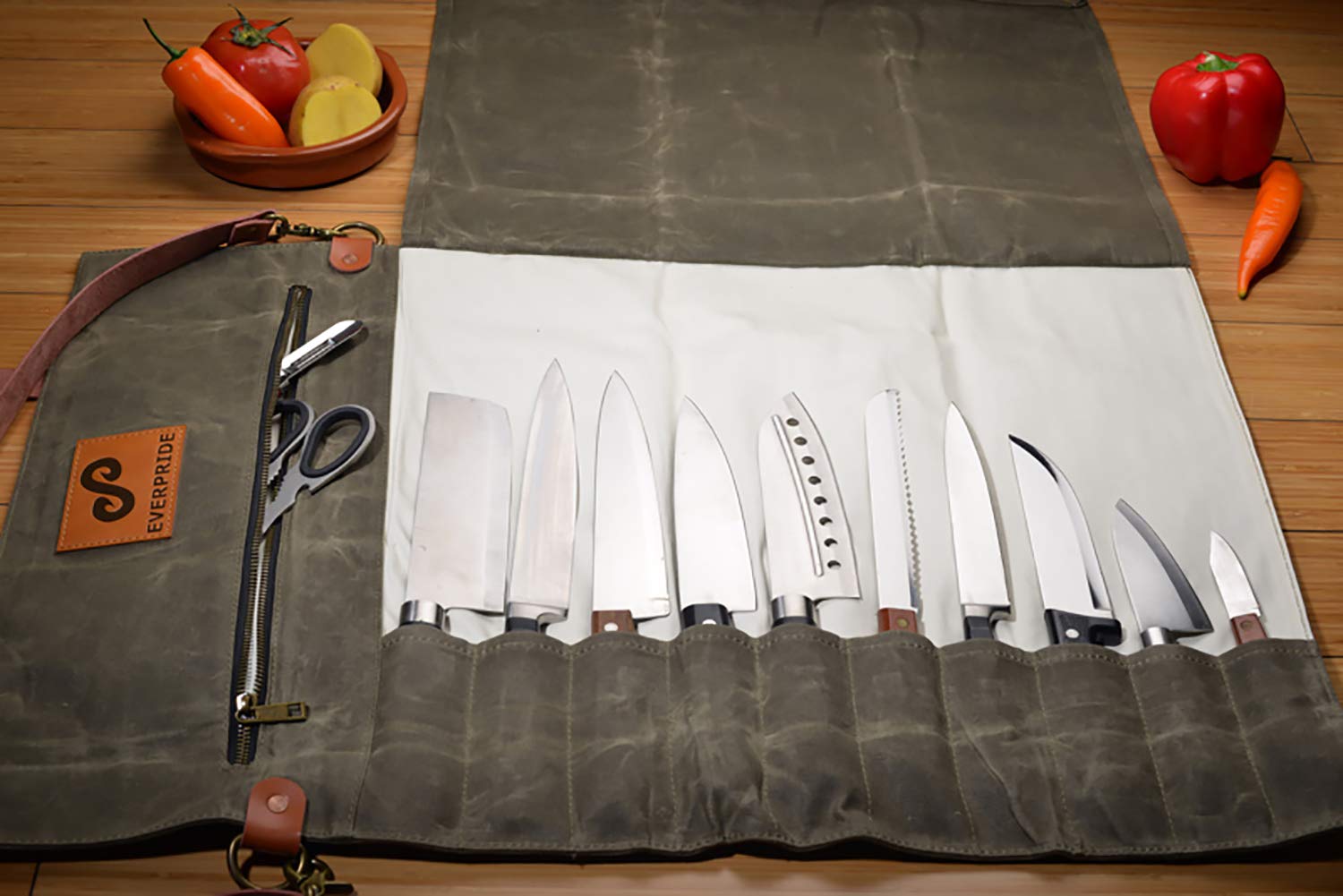 EVERPRIDE Canvas Knife Roll Bag Stores 10 Knives up to 19" PLUS Zipper for Kitchen Tools – Durable Knife Carrying Case for Professional Chefs and Culinary Students – Knives Not Included