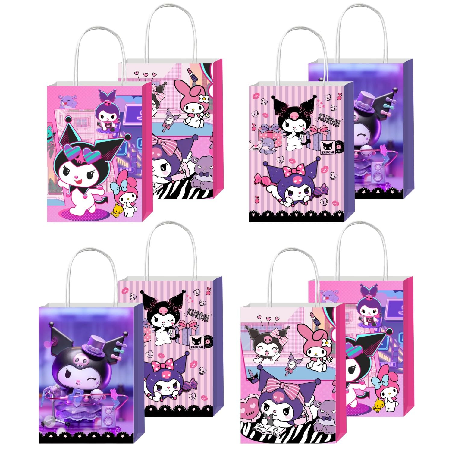 Tuklye 12pcs Kuromi Party Favor Gift Bags with Handles for Kids Birthday Party Supplies Decorations