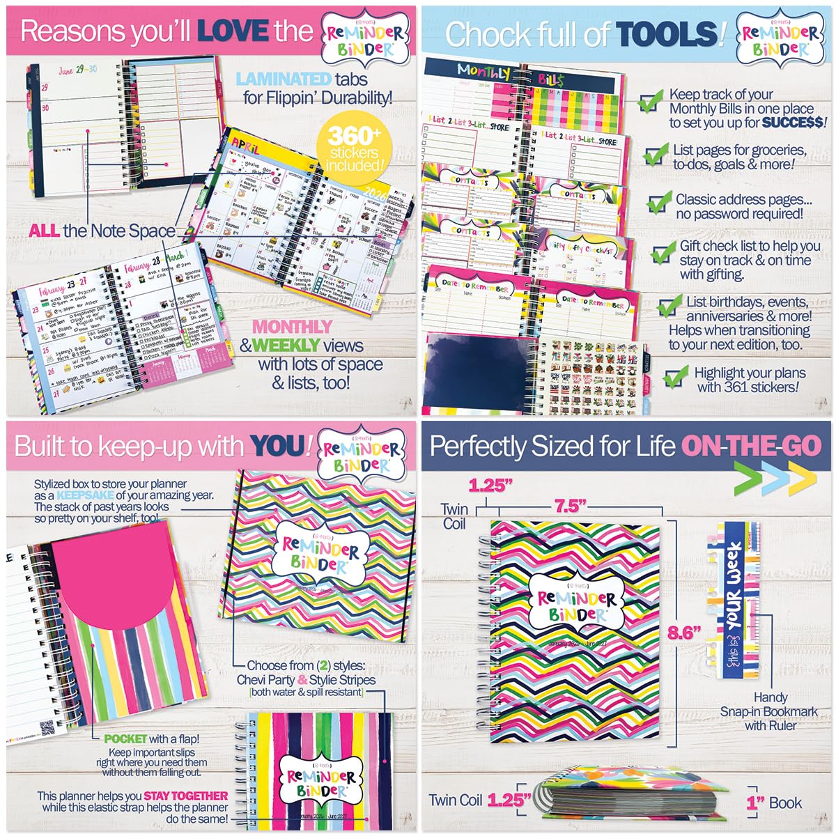 Reminder Binder 2023-2024 18-Month Weekly Monthly Planner, January 2023 - June 2024, 8.75” x 7.25”, Hardcover, Elastic Closure, Twin-Wire Binding, Planner Stickers, Monthly Divider Tabs, Pockets, To-Do Lists, Budget Planner, Keepsake Box