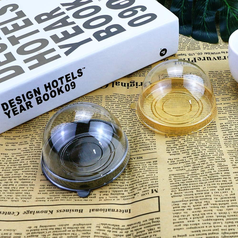 Pralb 100 Set Clear Plastic Mini Cupcake Boxes Muffin Pod Dome Muffin Single Container Box Wedding Birthday Gifts Supplies,70mm X 45mm(Dia X H),for Cheese Pastry Dessert Mooncake(50 Gold/50 Black)