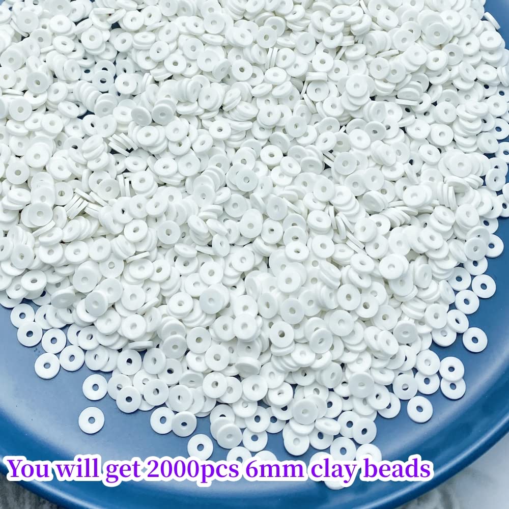 2000pcs Heishi Vinyl Beads Polymer Clay Beads Flat Round Spacer Beads for Making Bracelet Necklace Earring Accessories DIY Handmade Craft (White, 6mm)