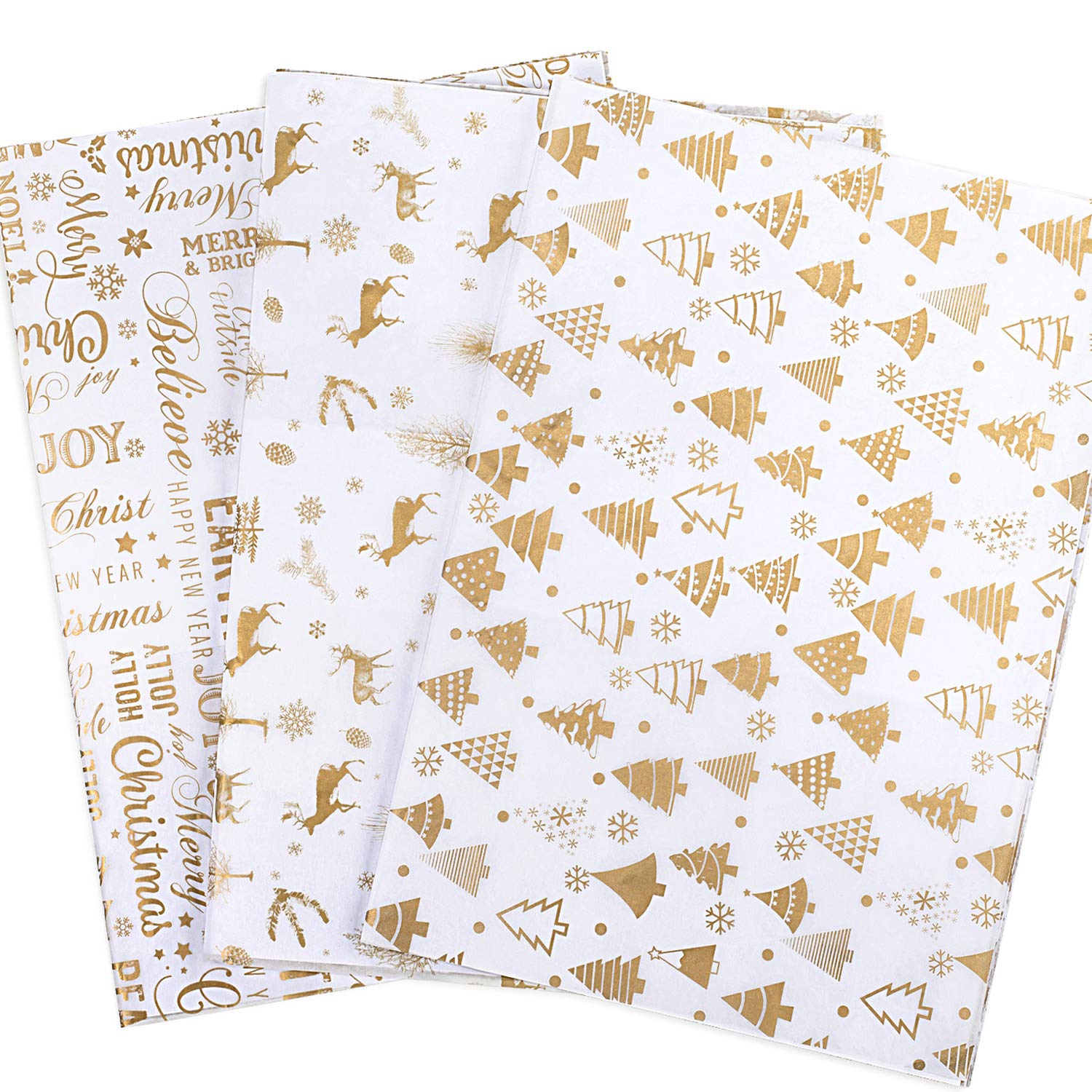 Whaline Christmas Gold Gift Tissue Wrap Paper Set, 120 Sheets Xmas Tree, Reindeer, Snowflake Design for Holiday Wrapping Paper DIY and Craft, 14" x 20"