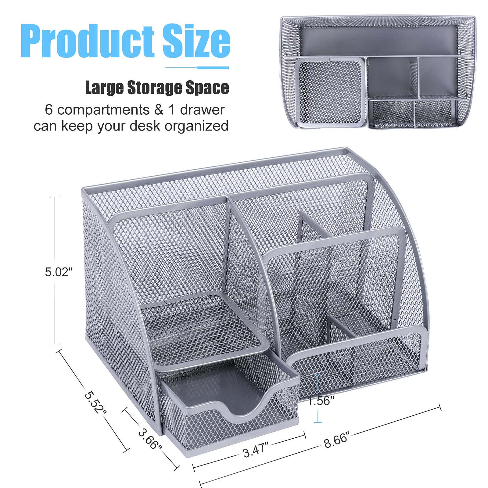 Desk Organizer Office Accessories, Multi-Functional Mesh Desk Organizer with 6 Compartments and 1 Drawer for Home, Office, School, Workshop, kitchen (Silver)
