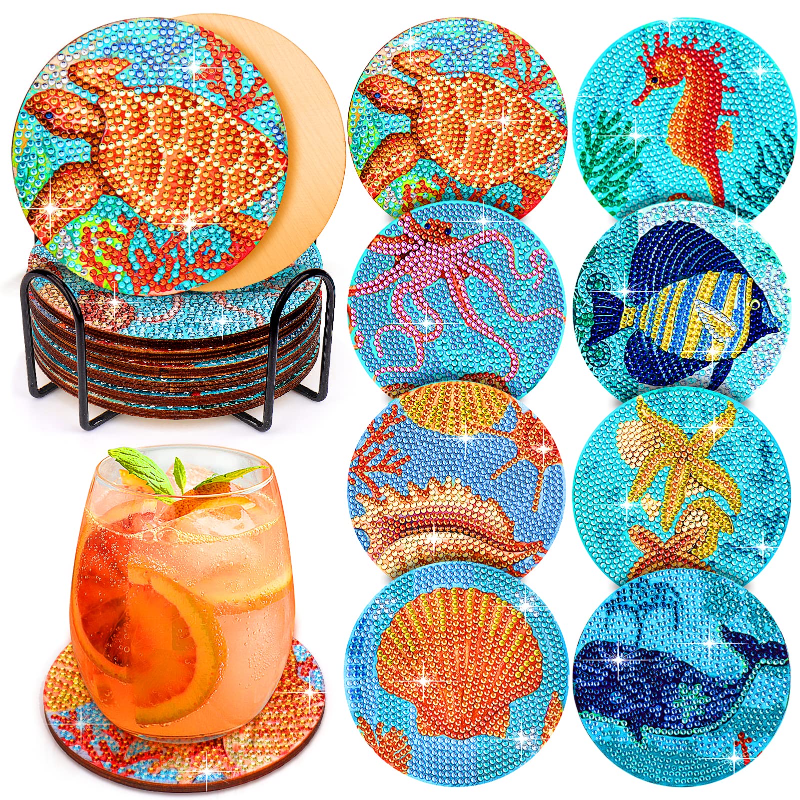BABORUI Diamond Painting Coasters, 8Pcs 5D Ocean Diamond Art Kits for Adults Kids, Sea Diamond Painting Coasters with Holder for Beach House Decor