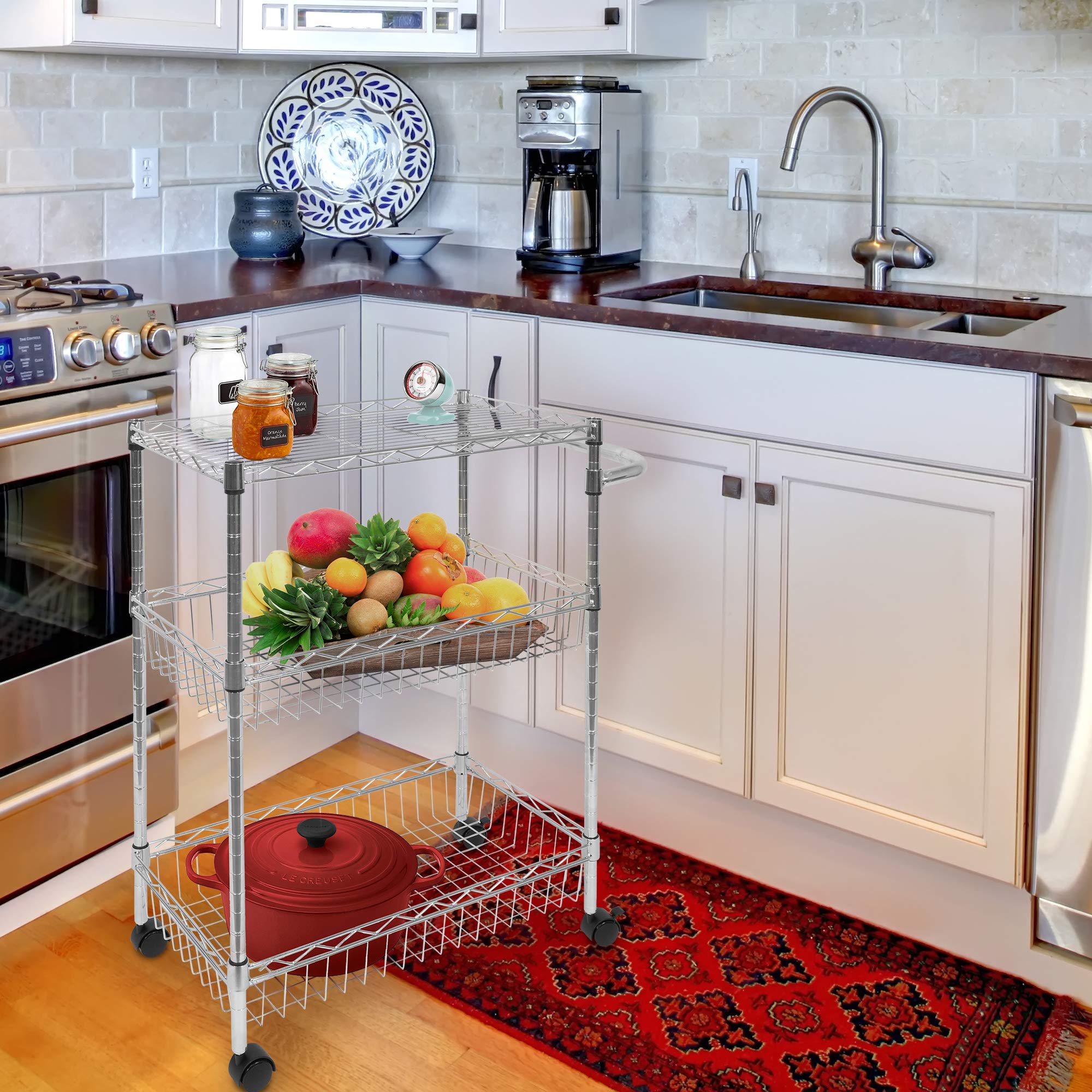 Mount-It! Mesh Wire Rolling Cart | 3-Tier Multi-Function Metal Trolley for Kitchen Storage and Organization | Heavy-Duty Storage Cart with Wheels and Handle | Silver