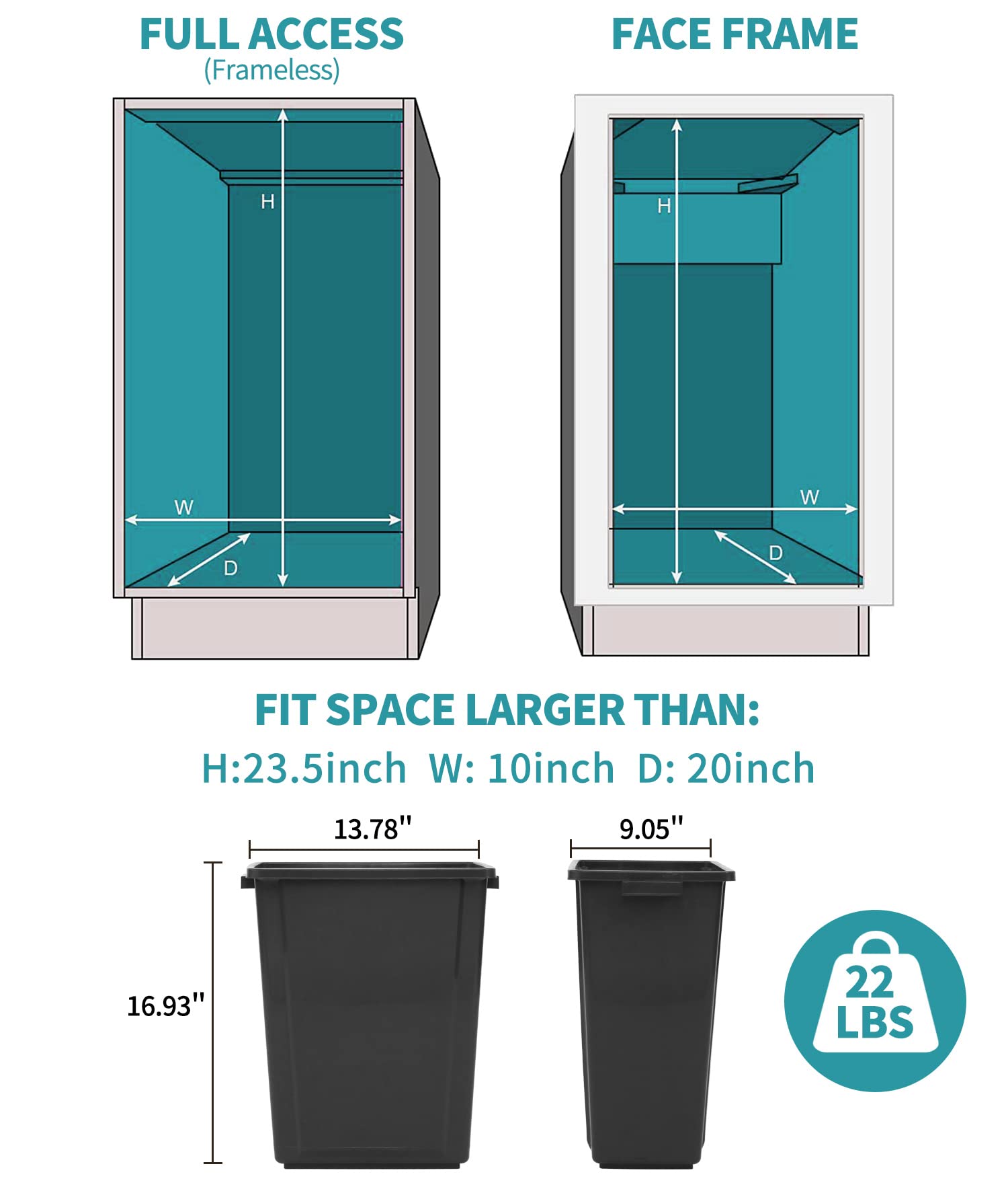 ONG Undermount trash bin pull out trash can under cabinet,Sliding Pull-Out Kitchen under Mount Waste Containers, Trash Bins Recycling Garbage Can, Heavy-Duty Steel Frame, 32-Quart Kitchen Cabinet Organizer, with Soft-Close Slides, Waste Basket Included