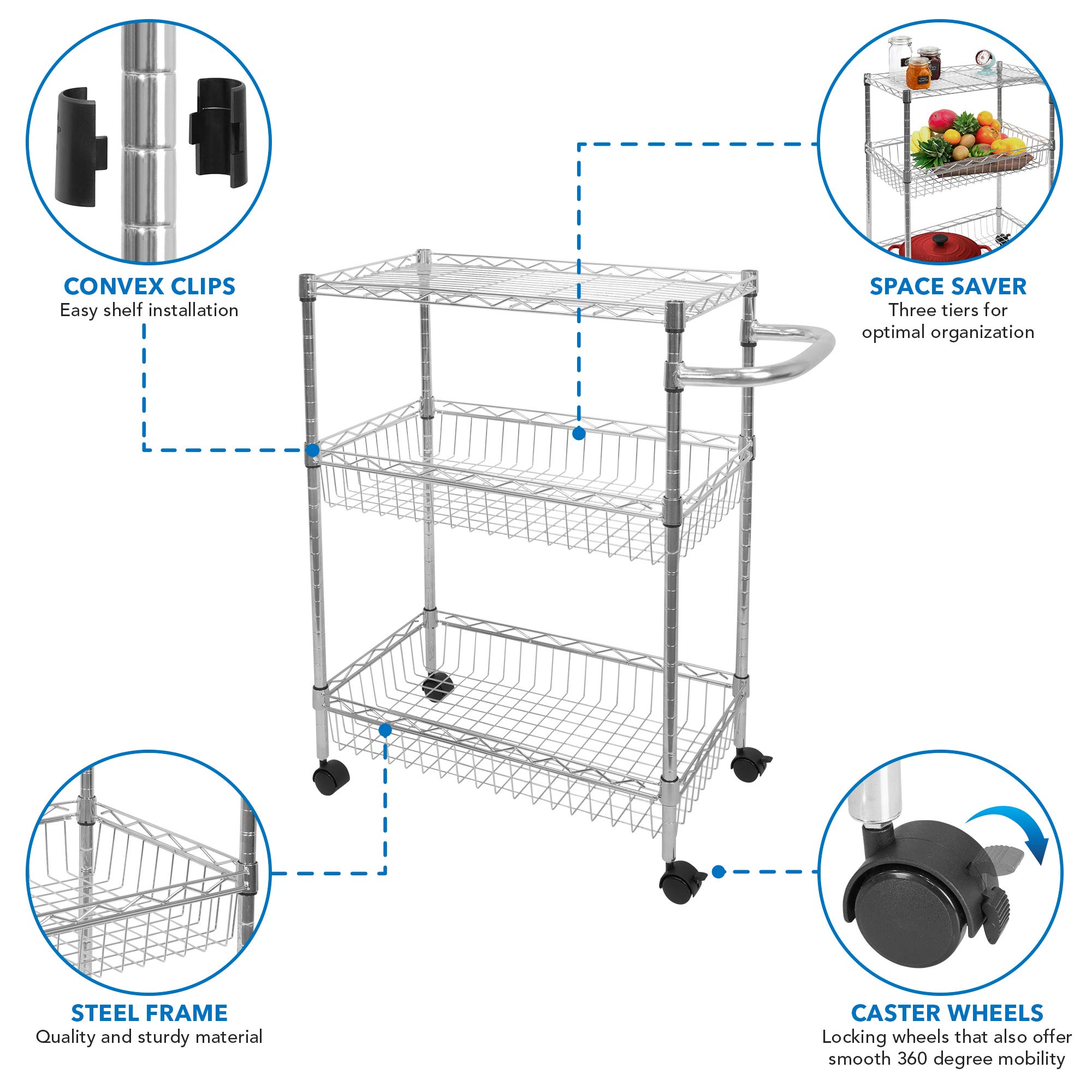 Mount-It! Mesh Wire Rolling Cart | 3-Tier Multi-Function Metal Trolley for Kitchen Storage and Organization | Heavy-Duty Storage Cart with Wheels and Handle | Silver