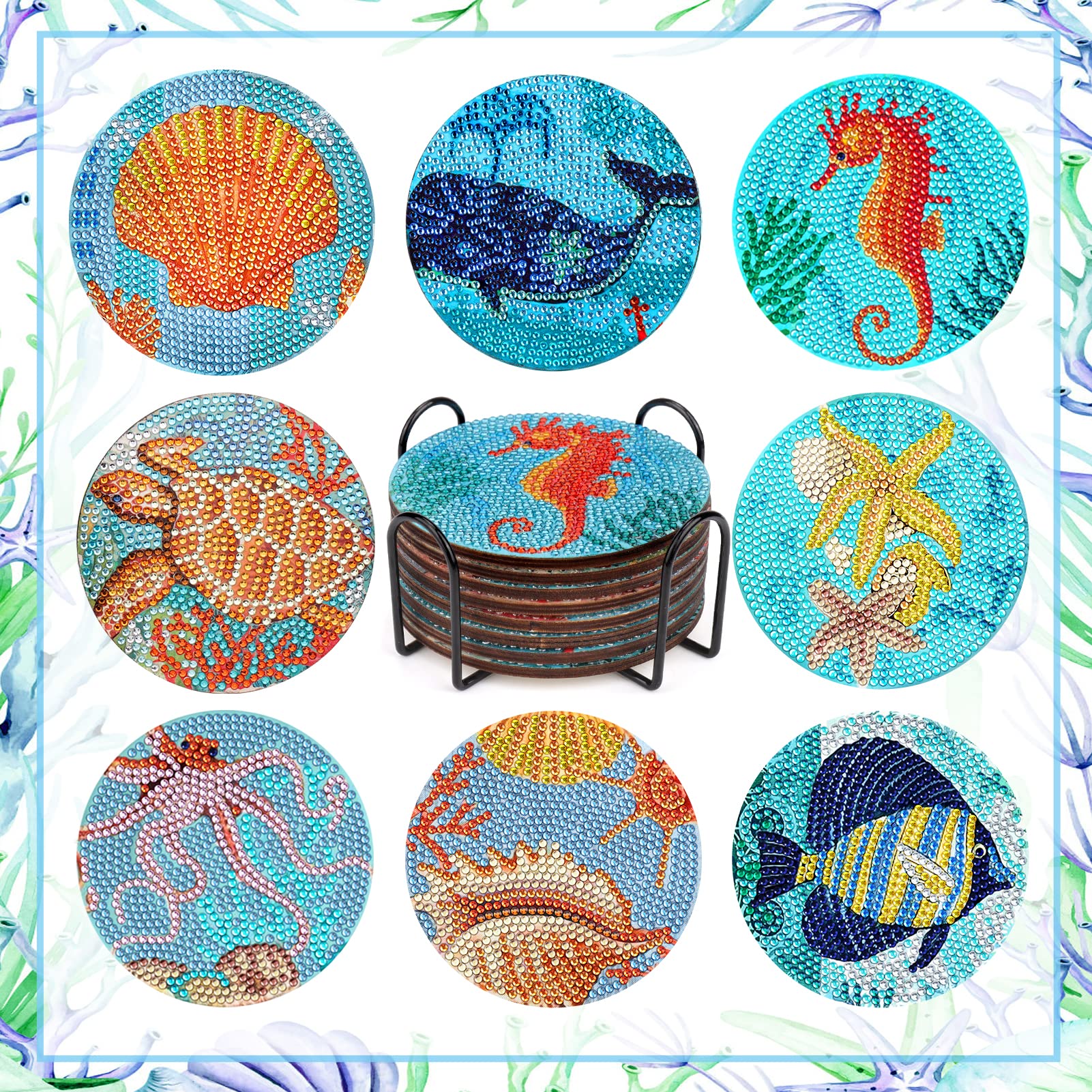 BABORUI Diamond Painting Coasters, 8Pcs 5D Ocean Diamond Art Kits for Adults Kids, Sea Diamond Painting Coasters with Holder for Beach House Decor