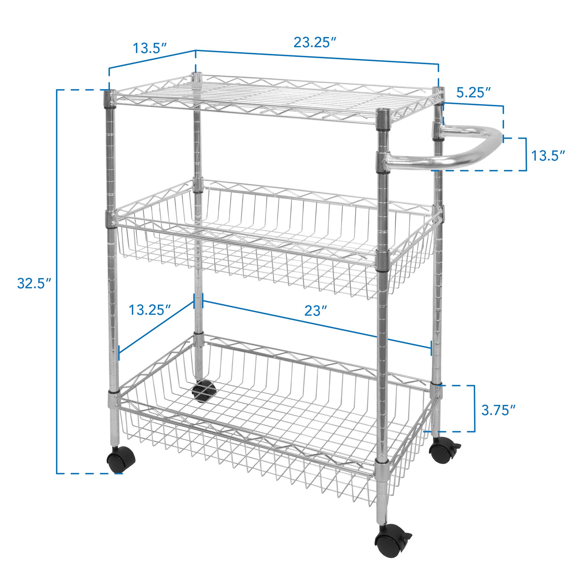 Mount-It! Mesh Wire Rolling Cart | 3-Tier Multi-Function Metal Trolley for Kitchen Storage and Organization | Heavy-Duty Storage Cart with Wheels and Handle | Silver