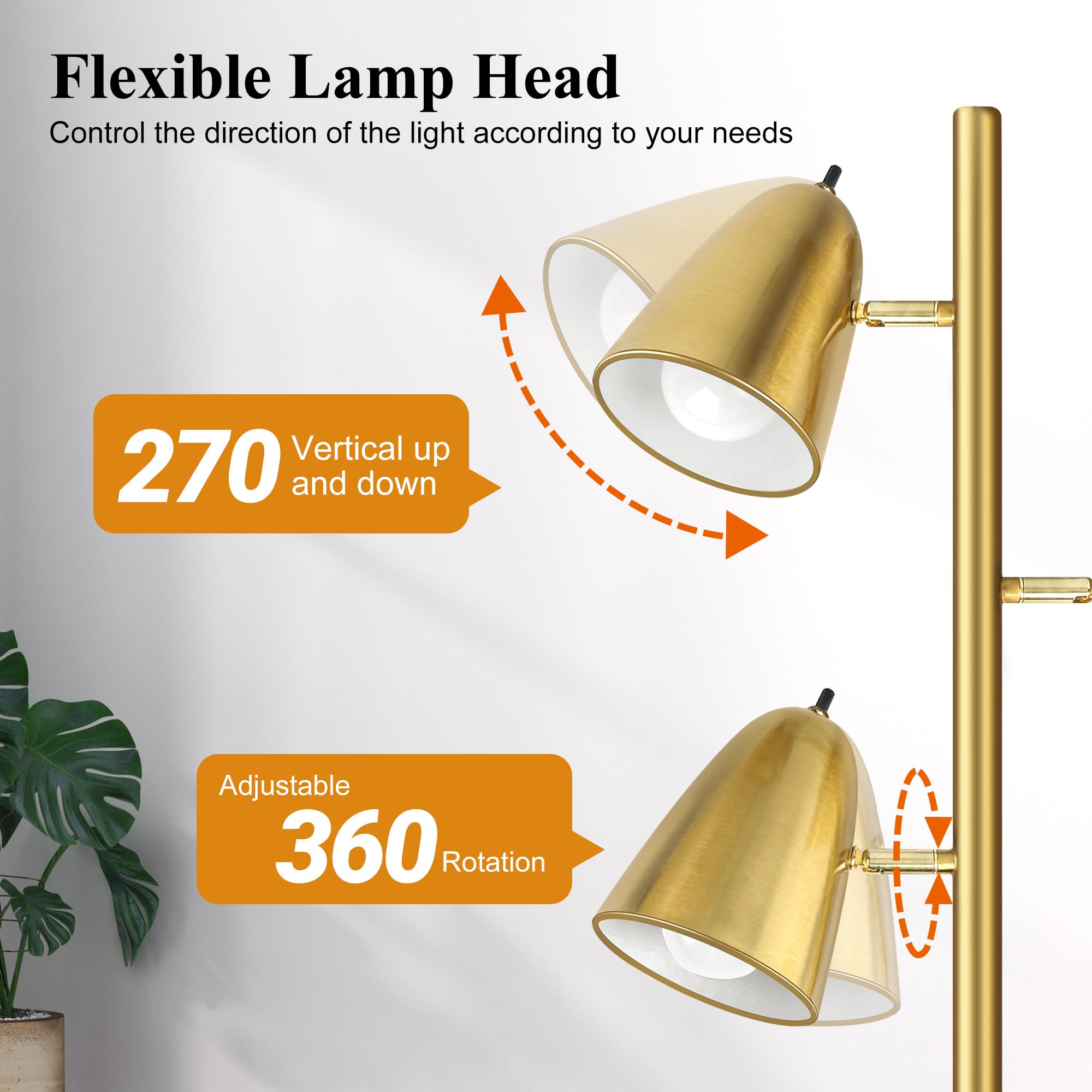QiMH Tree Floor Lamp with 3 Light Bulbs, Standing Tall Pole Lamps for Living Room Bedroom Office, Reading Stand up Lamps with 3 Adjustable Arms, Brushed Gold
