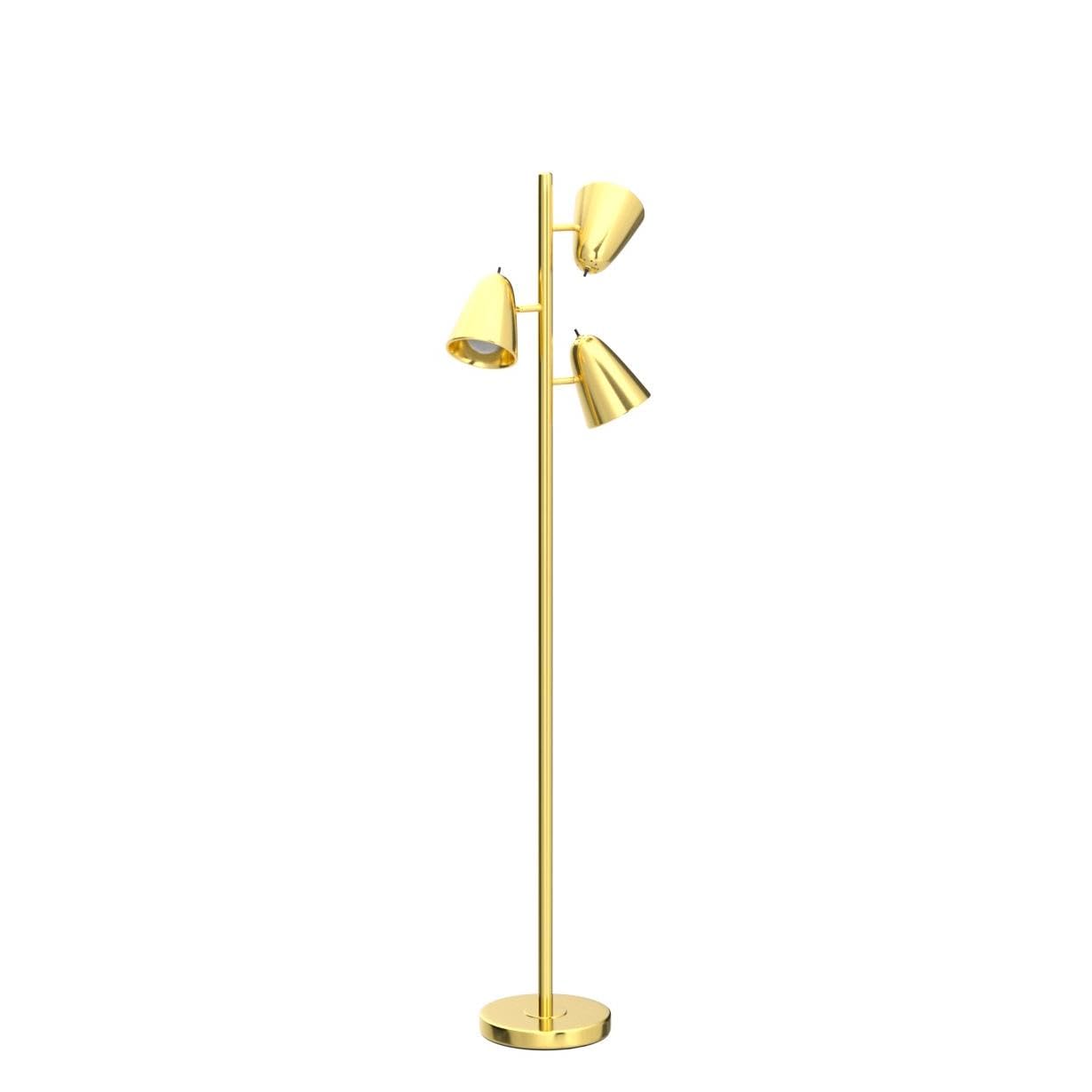 QiMH Tree Floor Lamp with 3 Light Bulbs, Standing Tall Pole Lamps for Living Room Bedroom Office, Reading Stand up Lamps with 3 Adjustable Arms, Brushed Gold