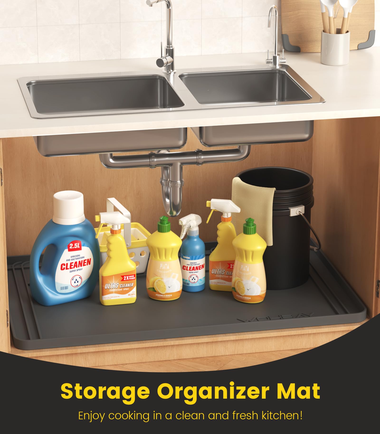 Under Sink Mats for Kitchen Waterproof, Cut to Fit Under Sink Drip Tray for Kitchen Bathroom Cabinets, Silicone Sink Liner Hold Up to 3.3 Gallons Liquid, 34" X 22" Or Smaller - Grey
