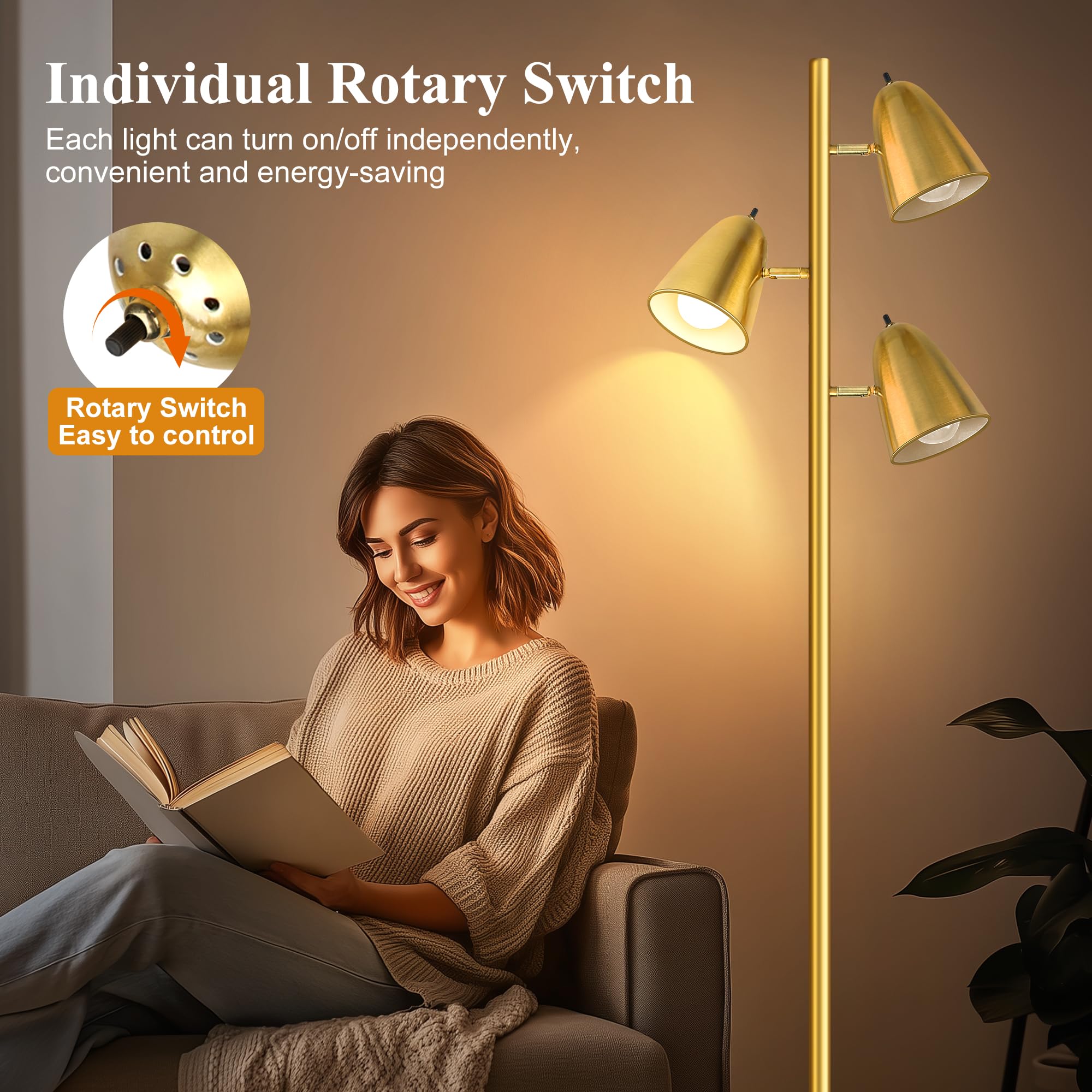 QiMH Tree Floor Lamp with 3 Light Bulbs, Standing Tall Pole Lamps for Living Room Bedroom Office, Reading Stand up Lamps with 3 Adjustable Arms, Brushed Gold