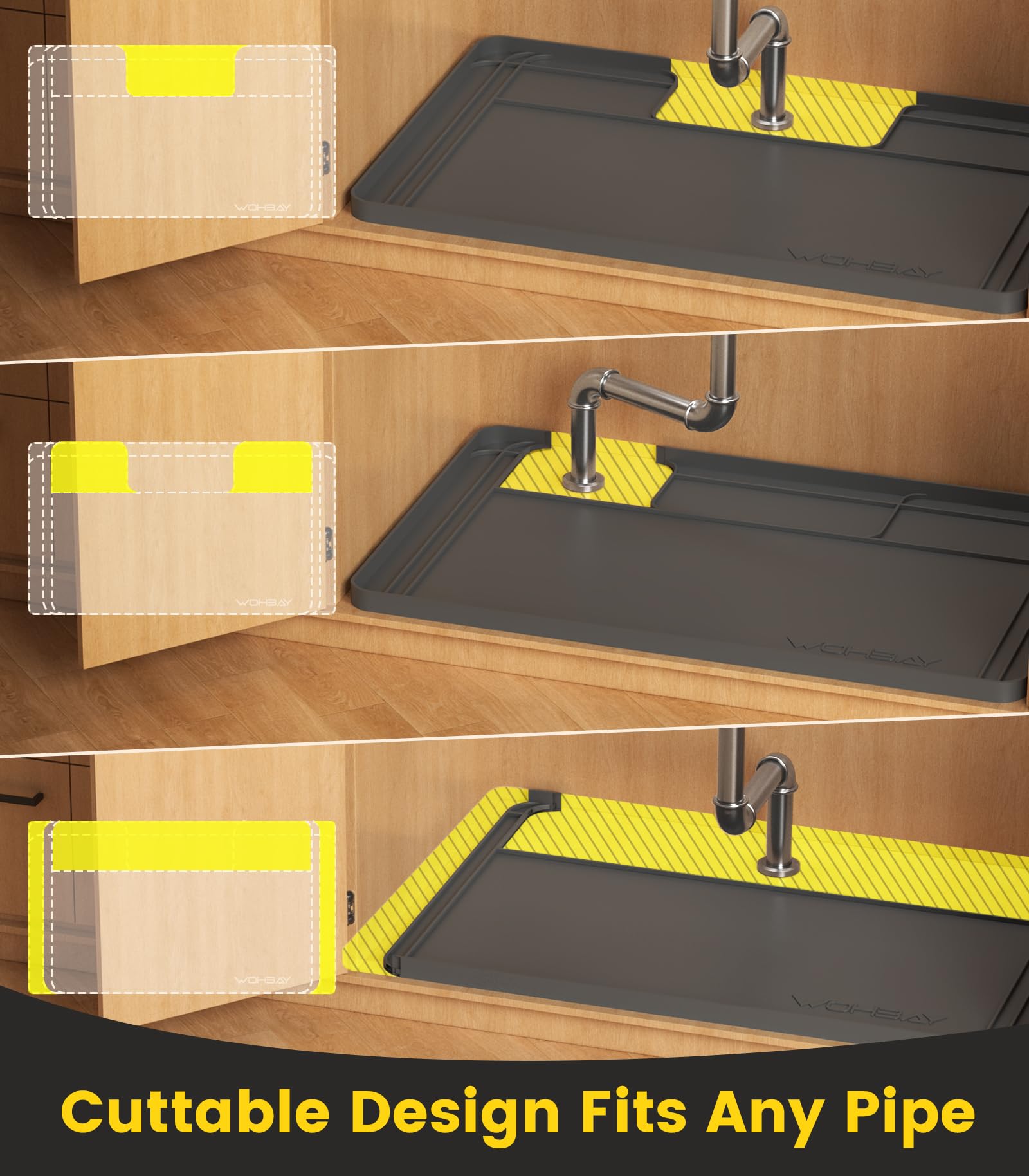 Under Sink Mats for Kitchen Waterproof, Cut to Fit Under Sink Drip Tray for Kitchen Bathroom Cabinets, Silicone Sink Liner Hold Up to 3.3 Gallons Liquid, 34" X 22" Or Smaller - Grey