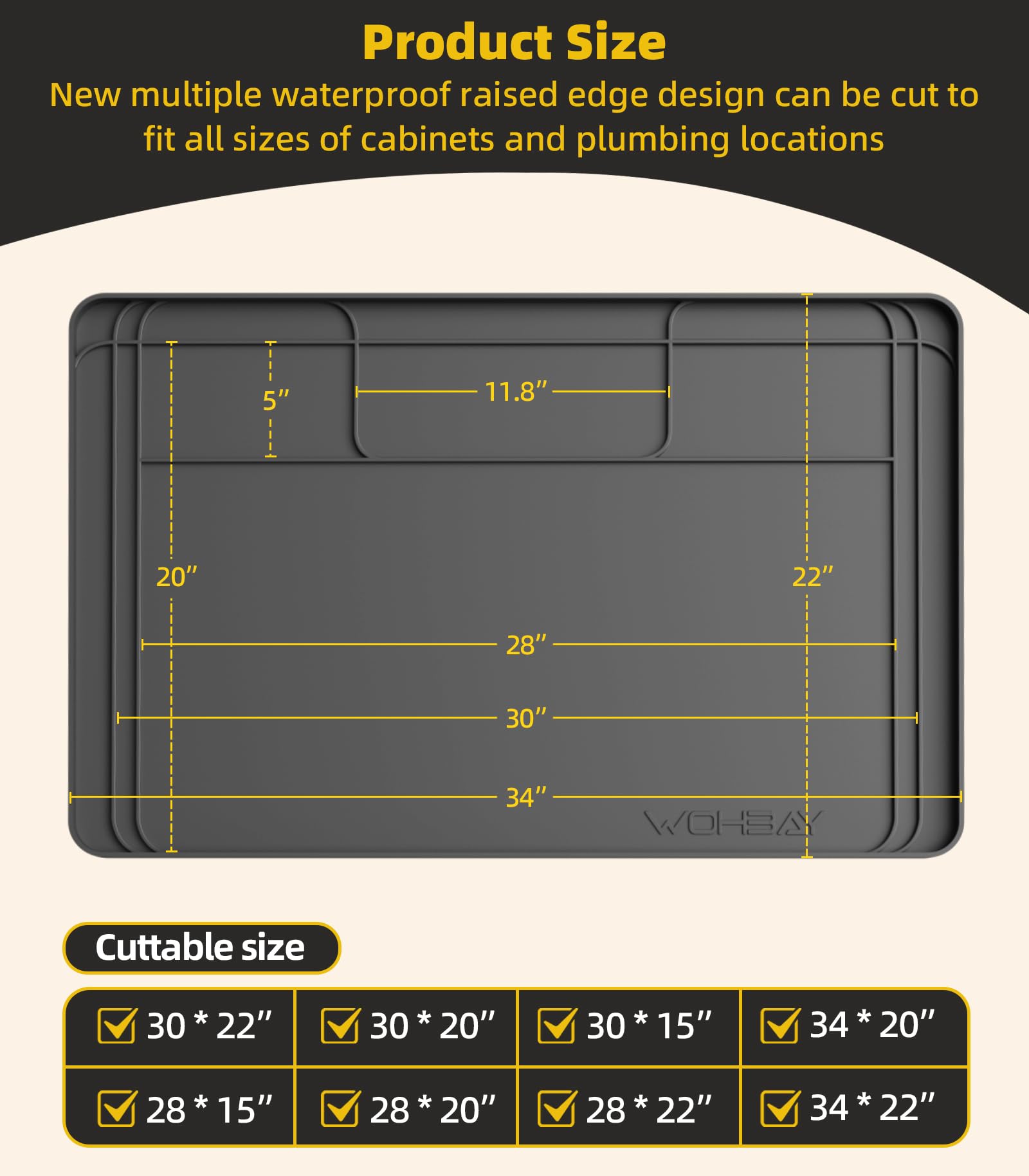 Under Sink Mats for Kitchen Waterproof, Cut to Fit Under Sink Drip Tray for Kitchen Bathroom Cabinets, Silicone Sink Liner Hold Up to 3.3 Gallons Liquid, 34" X 22" Or Smaller - Grey