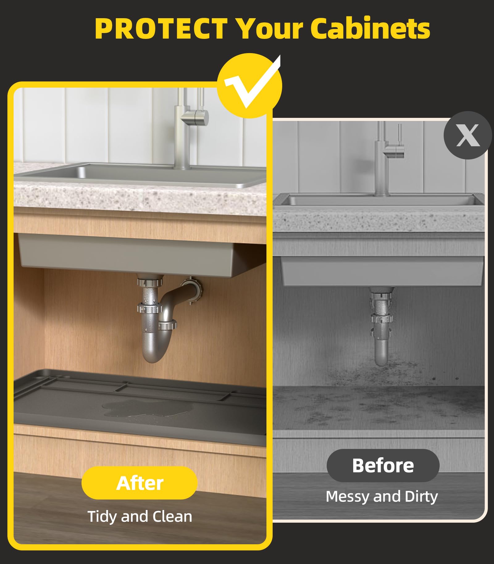 Under Sink Mats for Kitchen Waterproof, Cut to Fit Under Sink Drip Tray for Kitchen Bathroom Cabinets, Silicone Sink Liner Hold Up to 3.3 Gallons Liquid, 34" X 22" Or Smaller - Grey