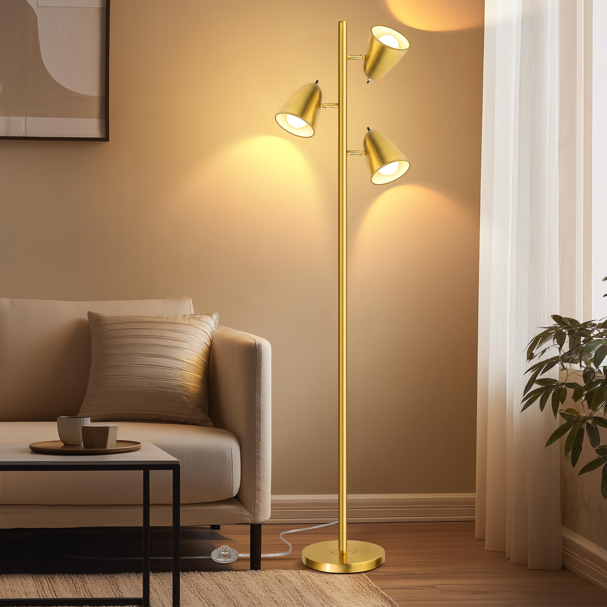 QiMH Tree Floor Lamp with 3 Light Bulbs, Standing Tall Pole Lamps for Living Room Bedroom Office, Reading Stand up Lamps with 3 Adjustable Arms, Brushed Gold