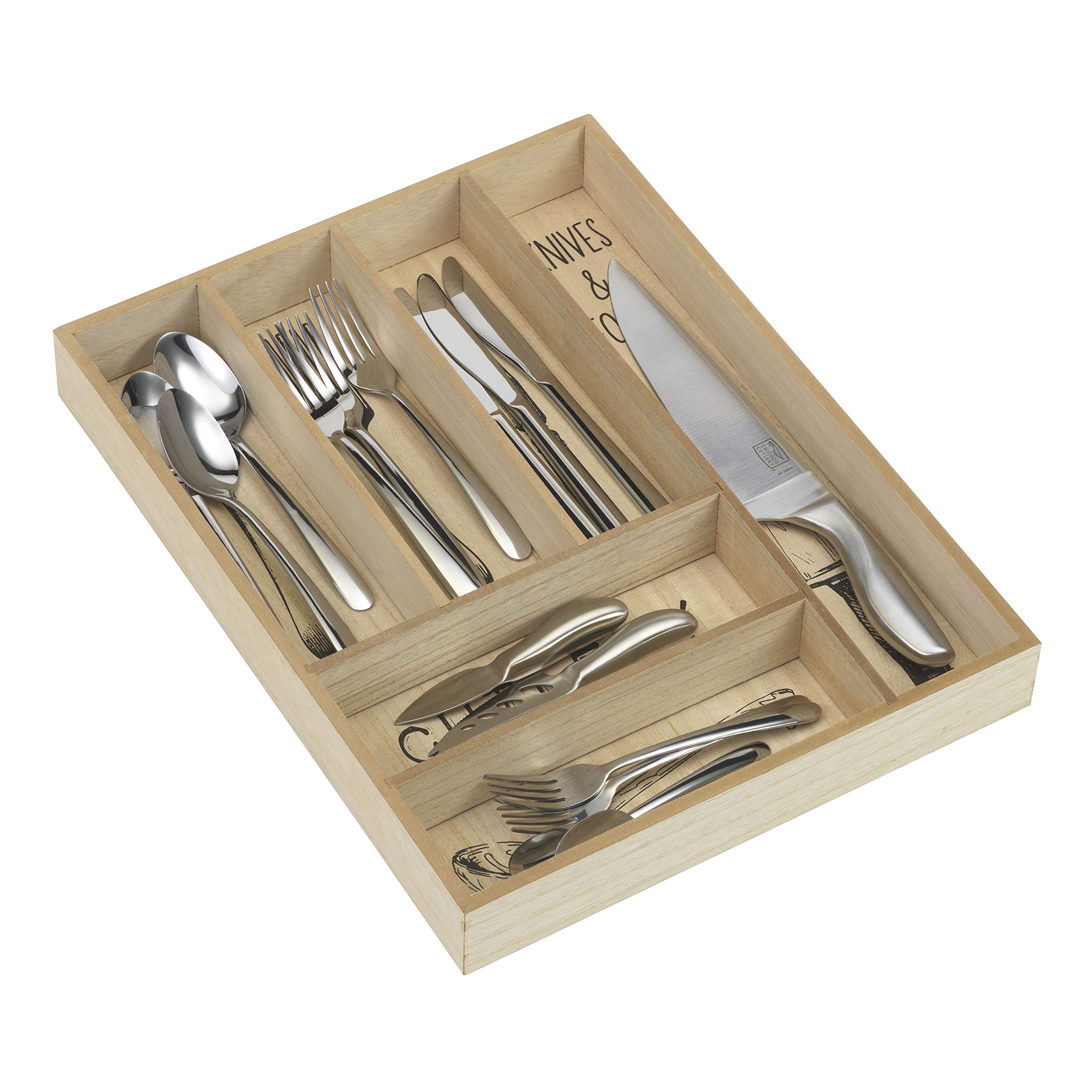 10 Street Home Large Wood Decorative Flatware Organizer For Kitchen Drawer, with 6 Compartments; Silverware and Utensil Holder