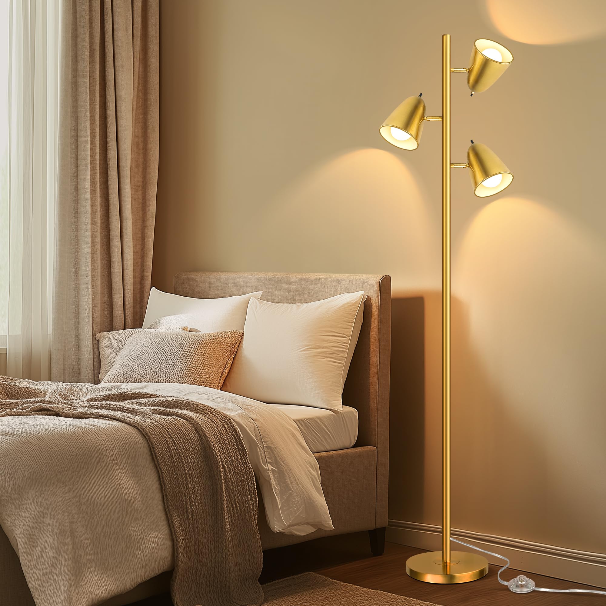 QiMH Tree Floor Lamp with 3 Light Bulbs, Standing Tall Pole Lamps for Living Room Bedroom Office, Reading Stand up Lamps with 3 Adjustable Arms, Brushed Gold