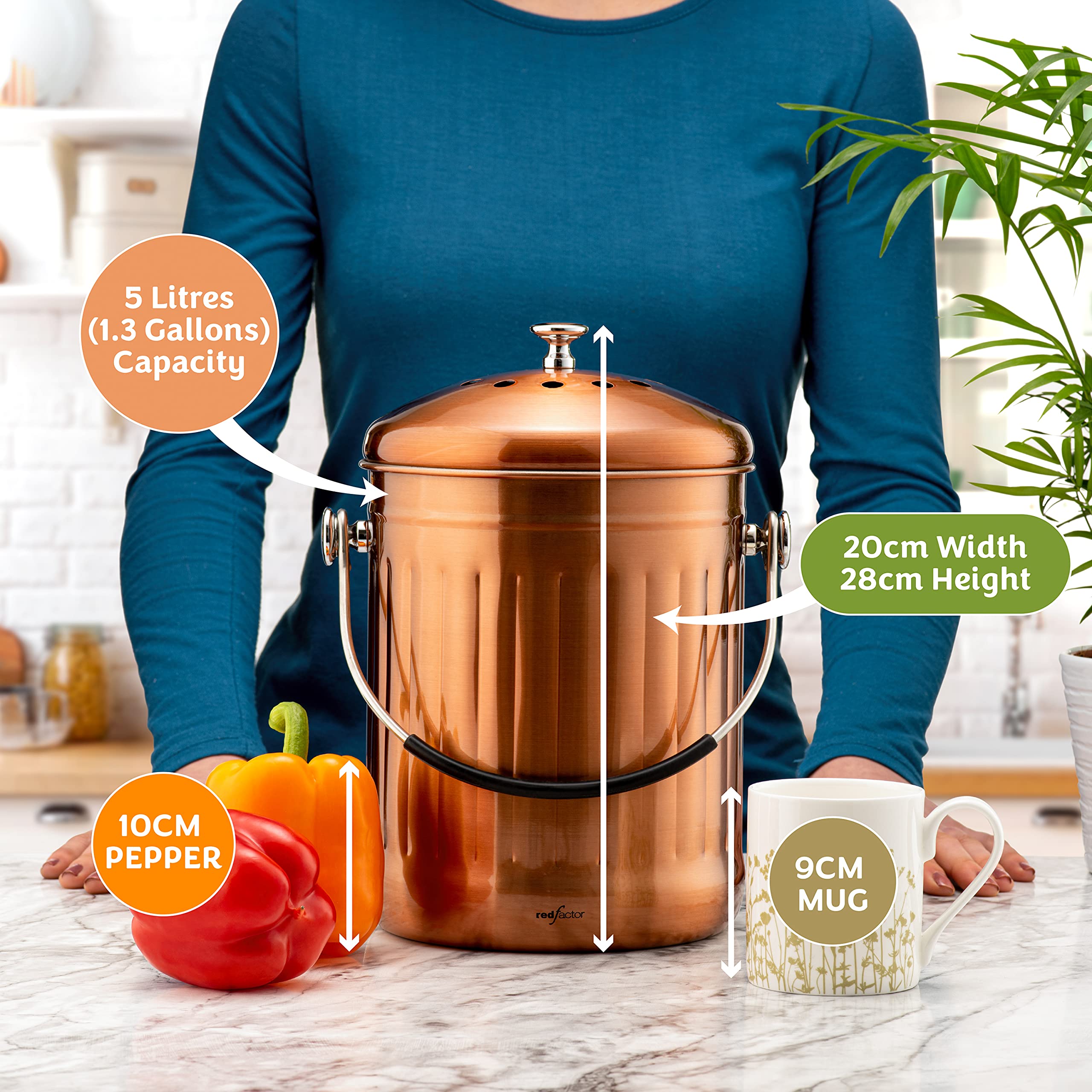 RED FACTOR Premium Compost Bin for Kitchen Countertop - Stainless Steel Food Waste Bucket with Innovative Dual Filter Technology - Includes Spare Filters (Matt Copper, 1.3 Gallon)