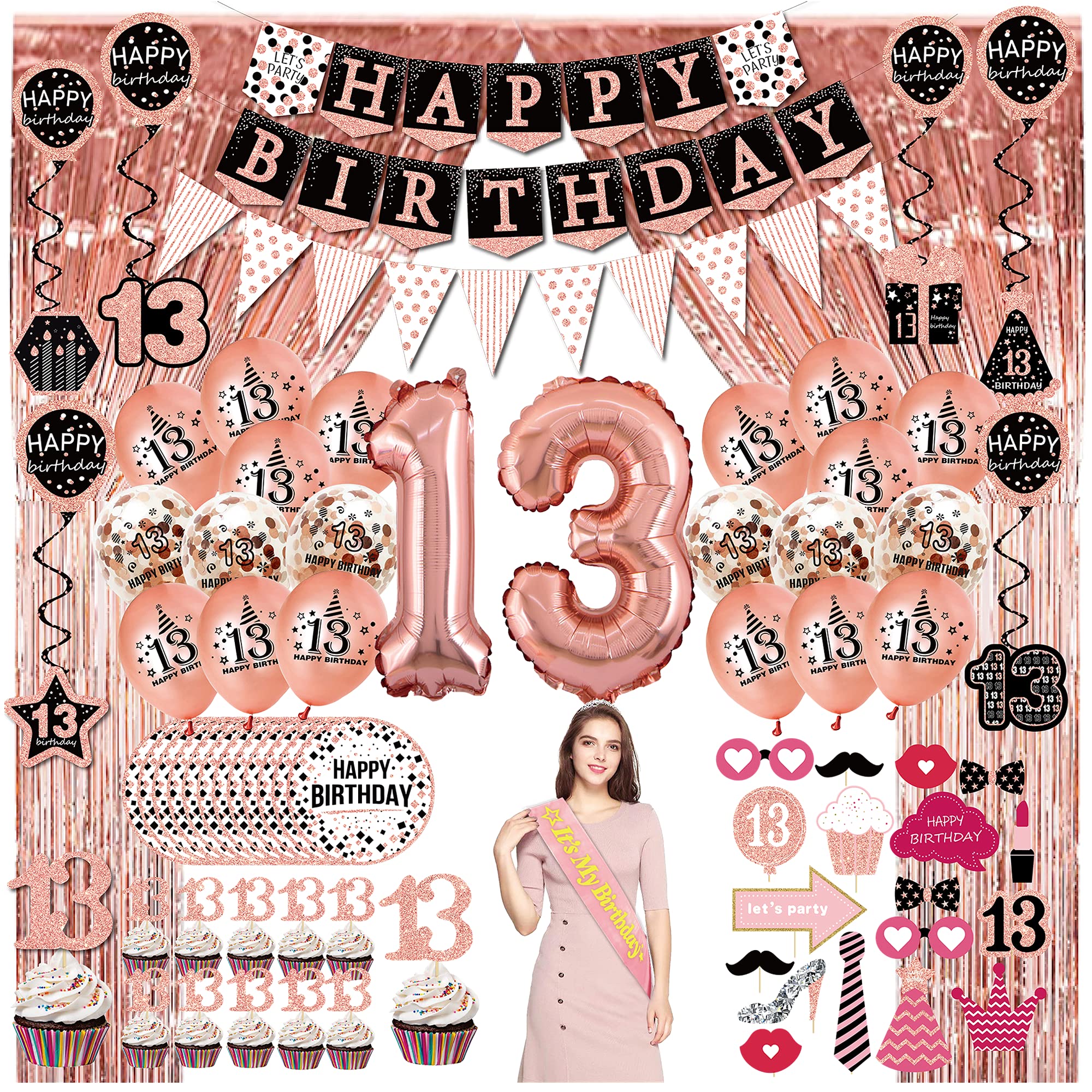 70th birthday decorations for women - (76pack) rose gold party Banner, Pennant, Hanging Swirl, birthday Balloons, Foil Backdrops, cupcake Topper, plates, Photo Props, Birthday Sash for gifts women