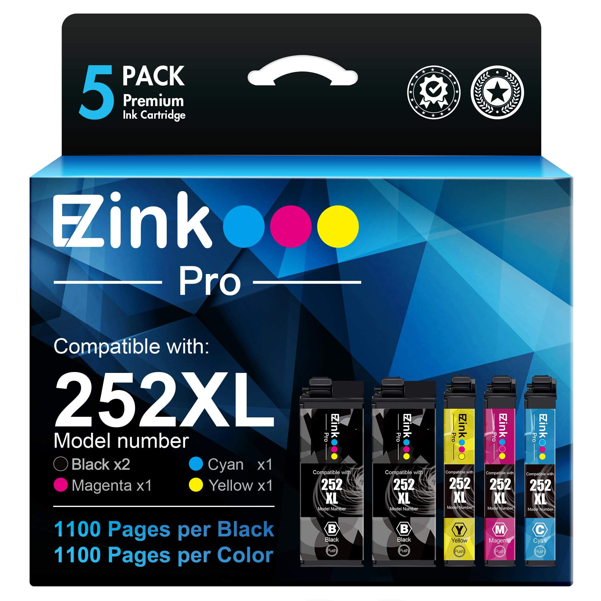 E-Z Ink Pro 252XL Remanufactured Ink Cartridges Replacement for Epson 252 T252 XL for Workforce WF-7720 WF-3640 WF-7710 WF-3620 WF-7210 WF-7110 WF-7610 WF-7620 (2 Black 1 Cyan 1 Magenta 1 Yellow)