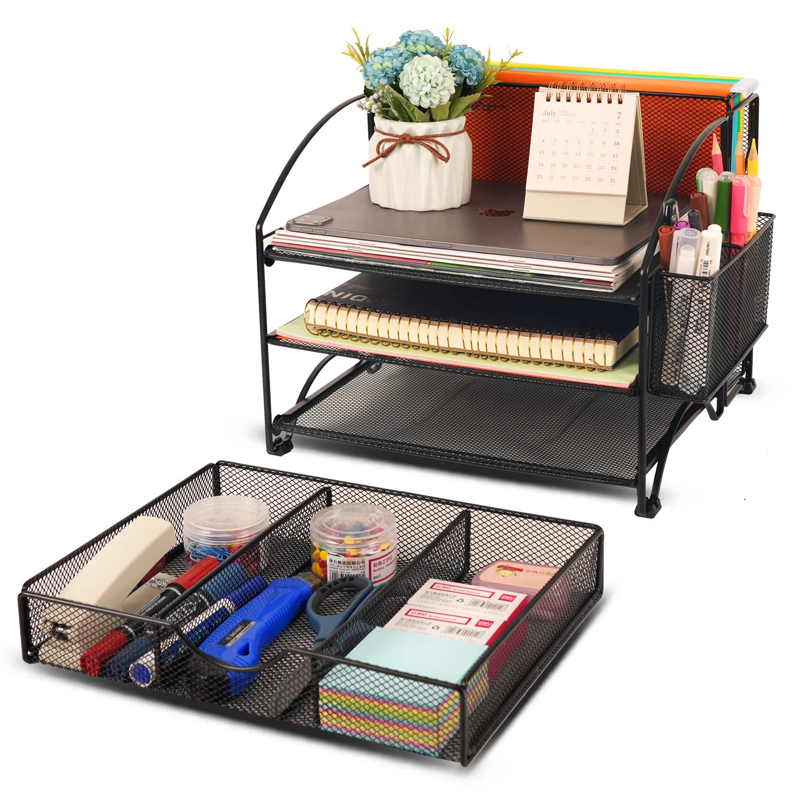 Samstar Desk File Organizer, Multi-Functional Paper Letter Tray Vertical Upright Section for Hanging File Folders,with Pen Holders,Black