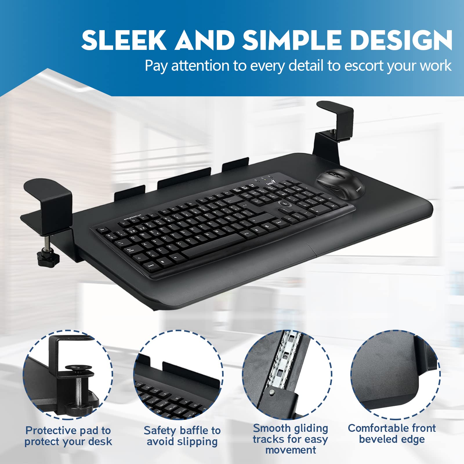 Large Keyboard Tray Under Desk,Sturdy C Clamp Mount System,26.3" x 11" Slide-Out Computer Keyboard Drawer,Fits Full Size Keyboard and Mouse,for Home or Office|for Desks Up to 1.5",Black…