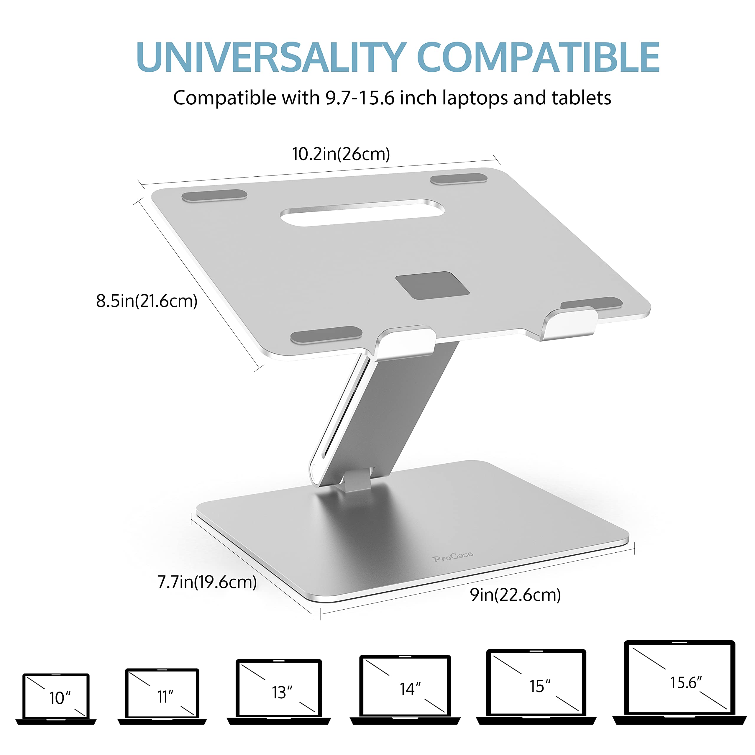 ProCase Adjustable Laptop Stand, Ergonomic Aluminum Laptop Holder, Portable Laptop Riser Notebook Computer Stand for MacBook Pro/Air Surface Dell Lenovo Laptops up to 15.6-Inch - Silver