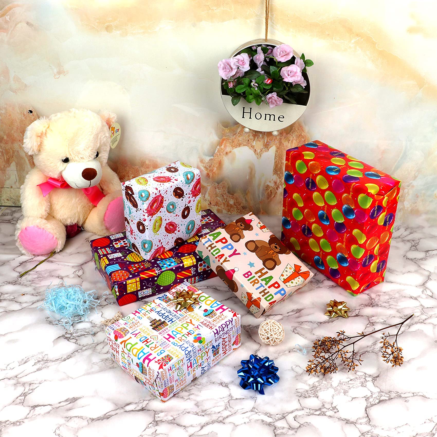 YZL Cartoon Gift Wrapping Paper Set Happy Birthday Gift Wrapping Papers, Cute Wrap Papers for Birthday, Baby Showers, 10 Folded Sheets with 5 Patterns, 20 x 29.5 inch Per Sheet
