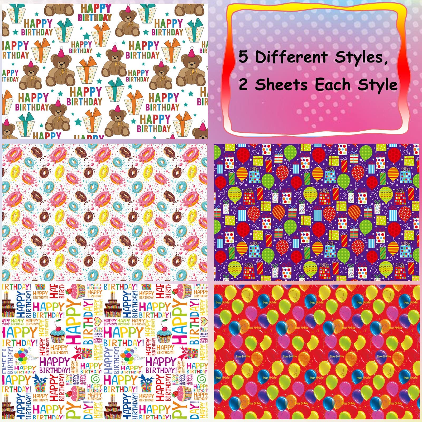 YZL Cartoon Gift Wrapping Paper Set Happy Birthday Gift Wrapping Papers, Cute Wrap Papers for Birthday, Baby Showers, 10 Folded Sheets with 5 Patterns, 20 x 29.5 inch Per Sheet