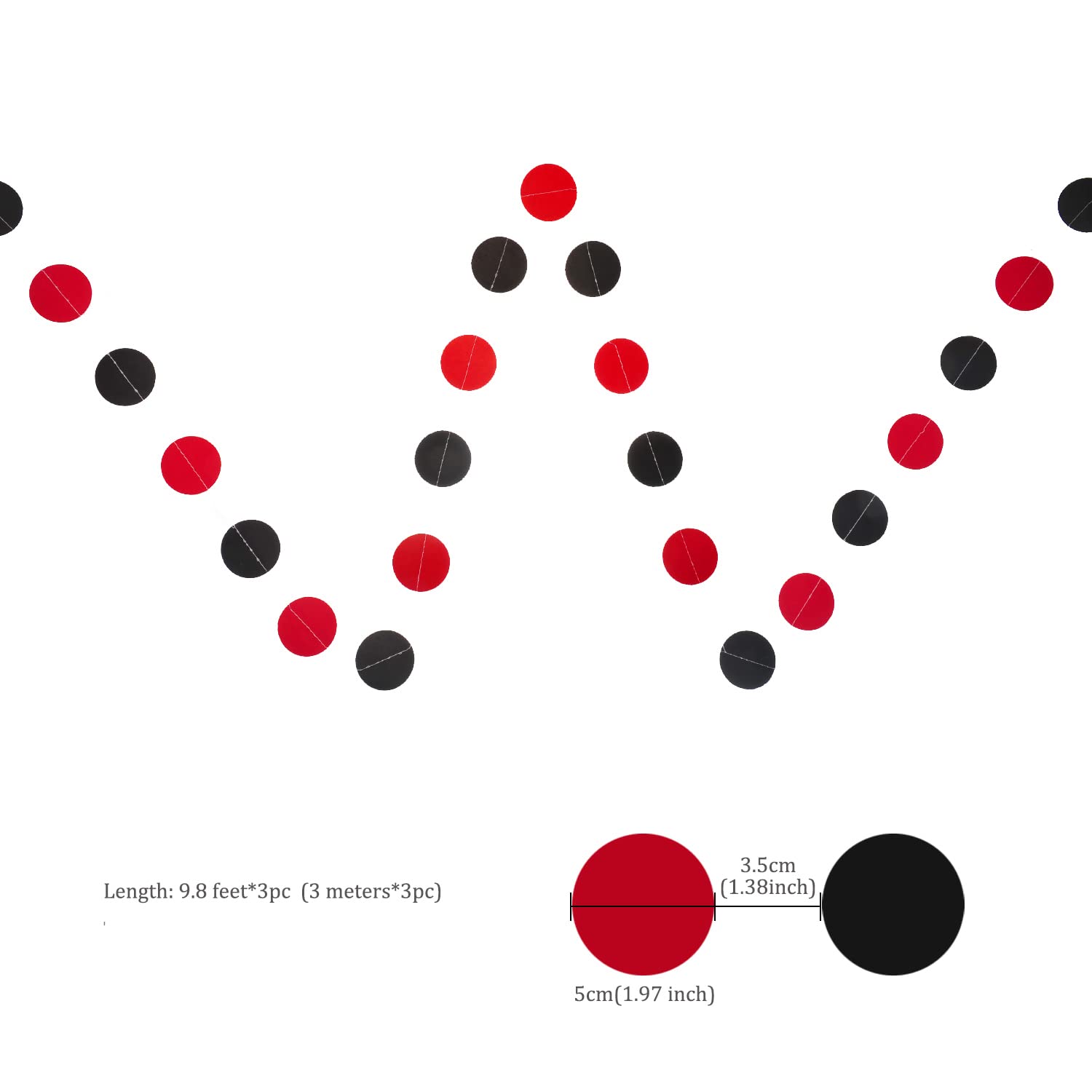 WEVEN Red and Black Paper Garland Circle Dot Party Garland Banner Streamer Backdrop Hanging Decorations, 2" in Diameter, Pack of 3, 30 Feet in Total