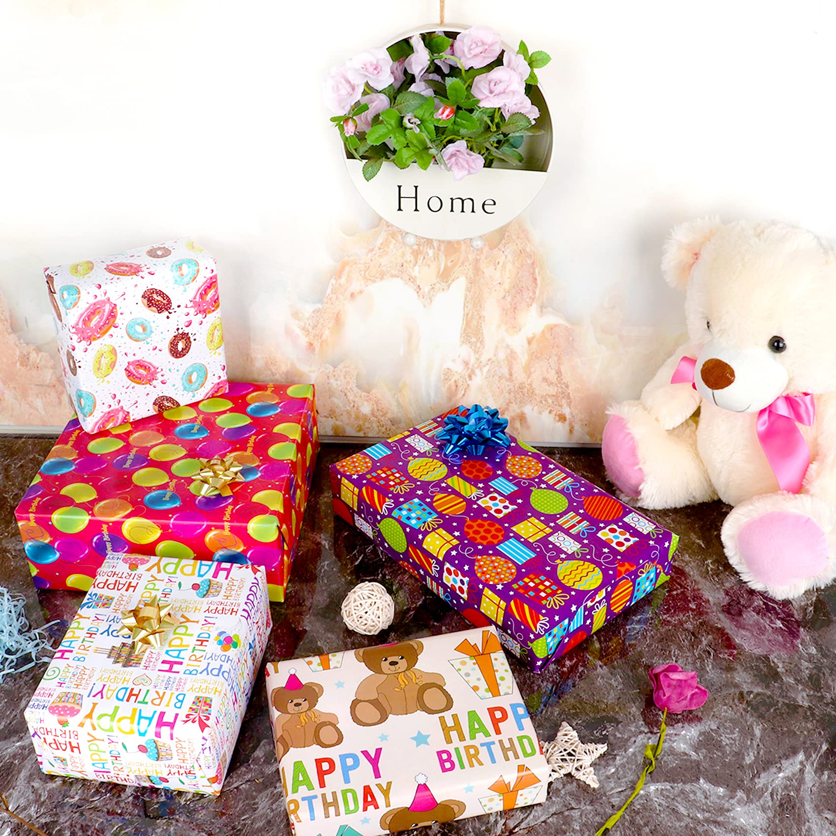 YZL Cartoon Gift Wrapping Paper Set Happy Birthday Gift Wrapping Papers, Cute Wrap Papers for Birthday, Baby Showers, 10 Folded Sheets with 5 Patterns, 20 x 29.5 inch Per Sheet