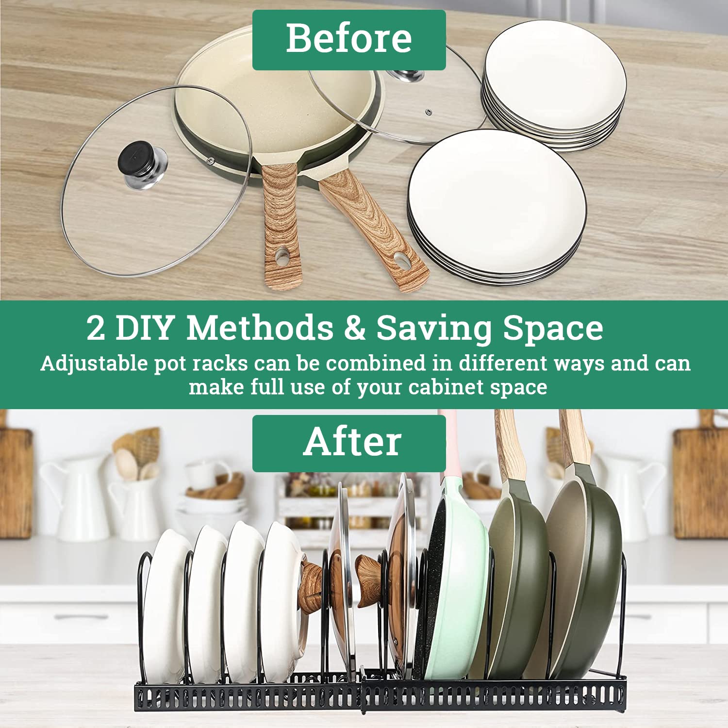 Expandable Pot and Pan Organizers for Cabinet Pot Lid Organizer Pot Rack with 10 Adjustable Dividers Pots Lid Holder Kitchen Pantry Bakeware Organizer and Storage (White)