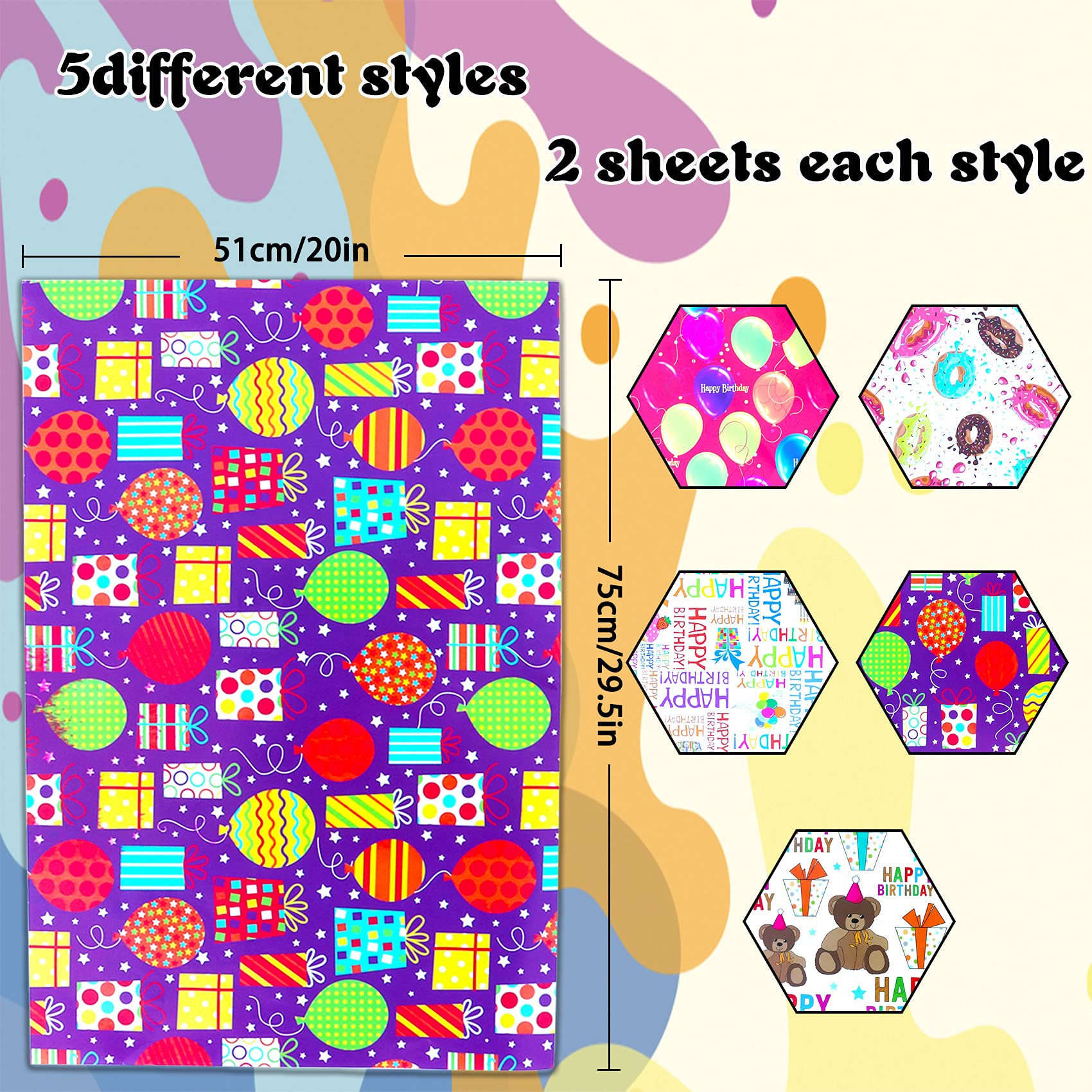 YZL Cartoon Gift Wrapping Paper Set Happy Birthday Gift Wrapping Papers, Cute Wrap Papers for Birthday, Baby Showers, 10 Folded Sheets with 5 Patterns, 20 x 29.5 inch Per Sheet