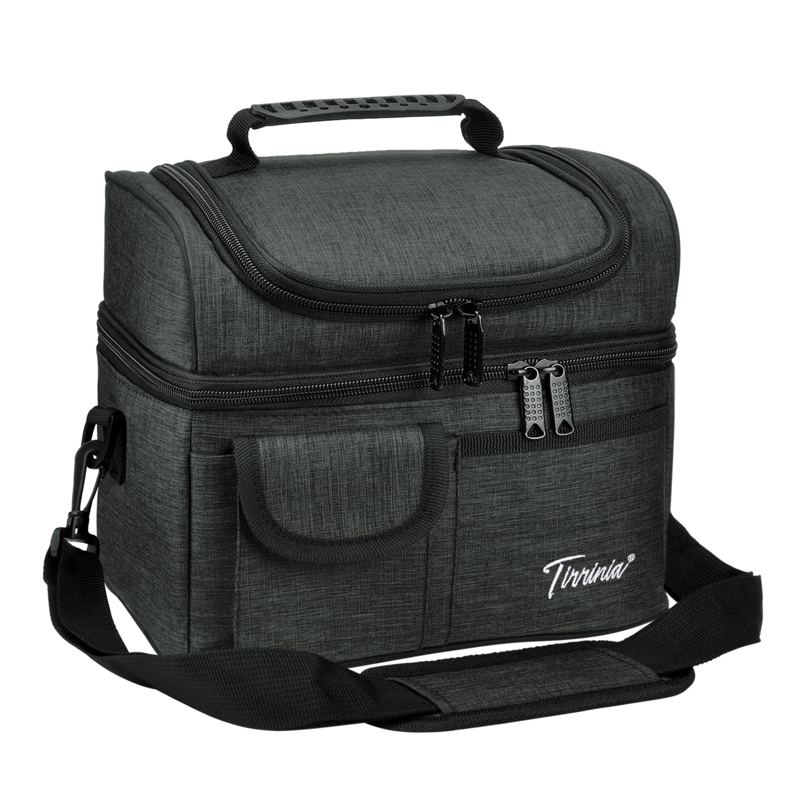 Tirrinia Insulated Lunch Bag, Leakproof Thermal Bento Cooler Tote for Women and Men, Dual Compartment with Shoulder Strap, 10.3" x 7.5" x 8.6", Black